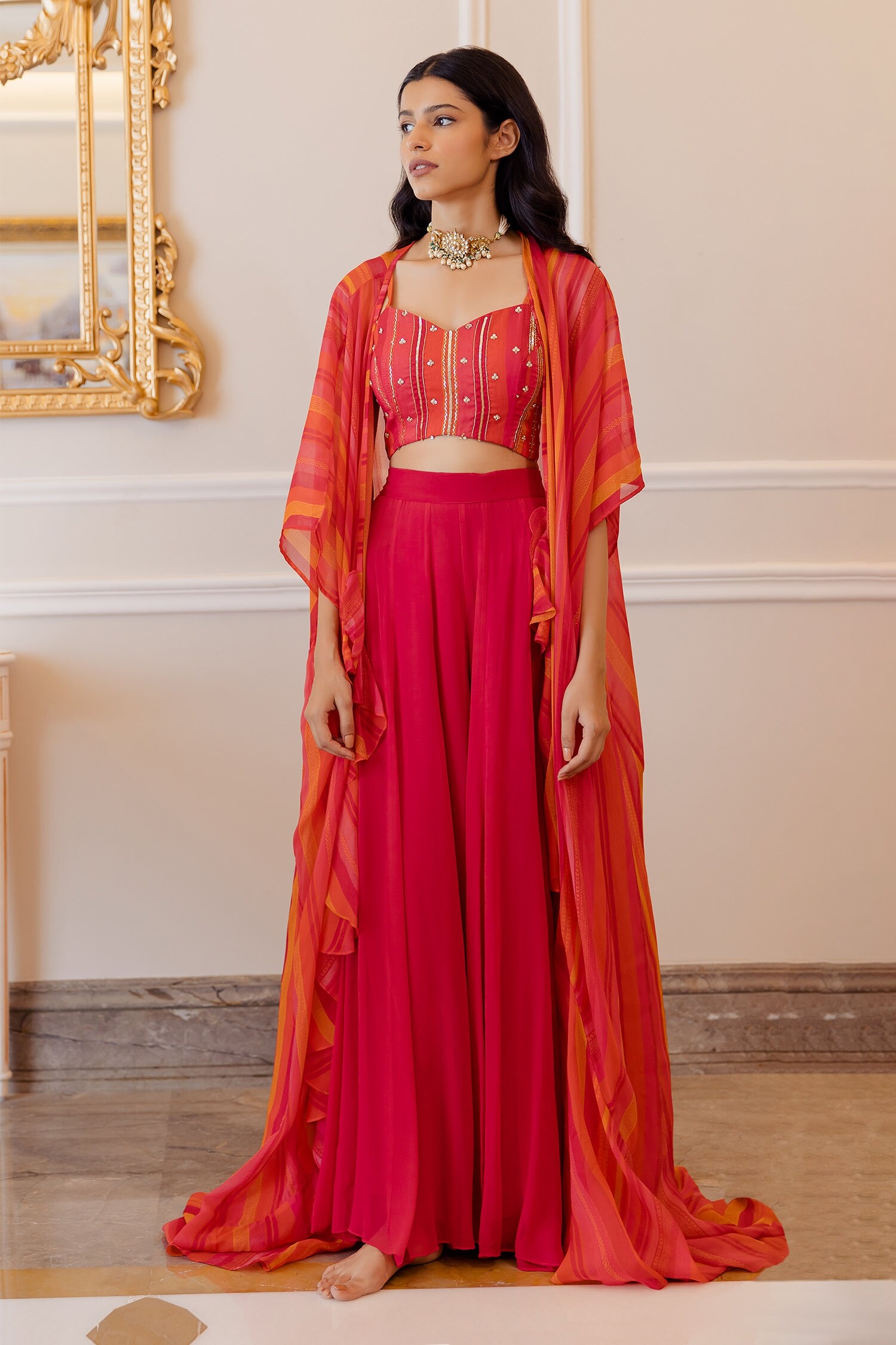 Buy Paulmi and Harsh Red Striped Jacket And Palazzo Set Online | Aza ...