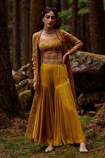 Buy Paulmi and Harsh Yellow Blouse Strawberry Print Jacket And Palazzo ...