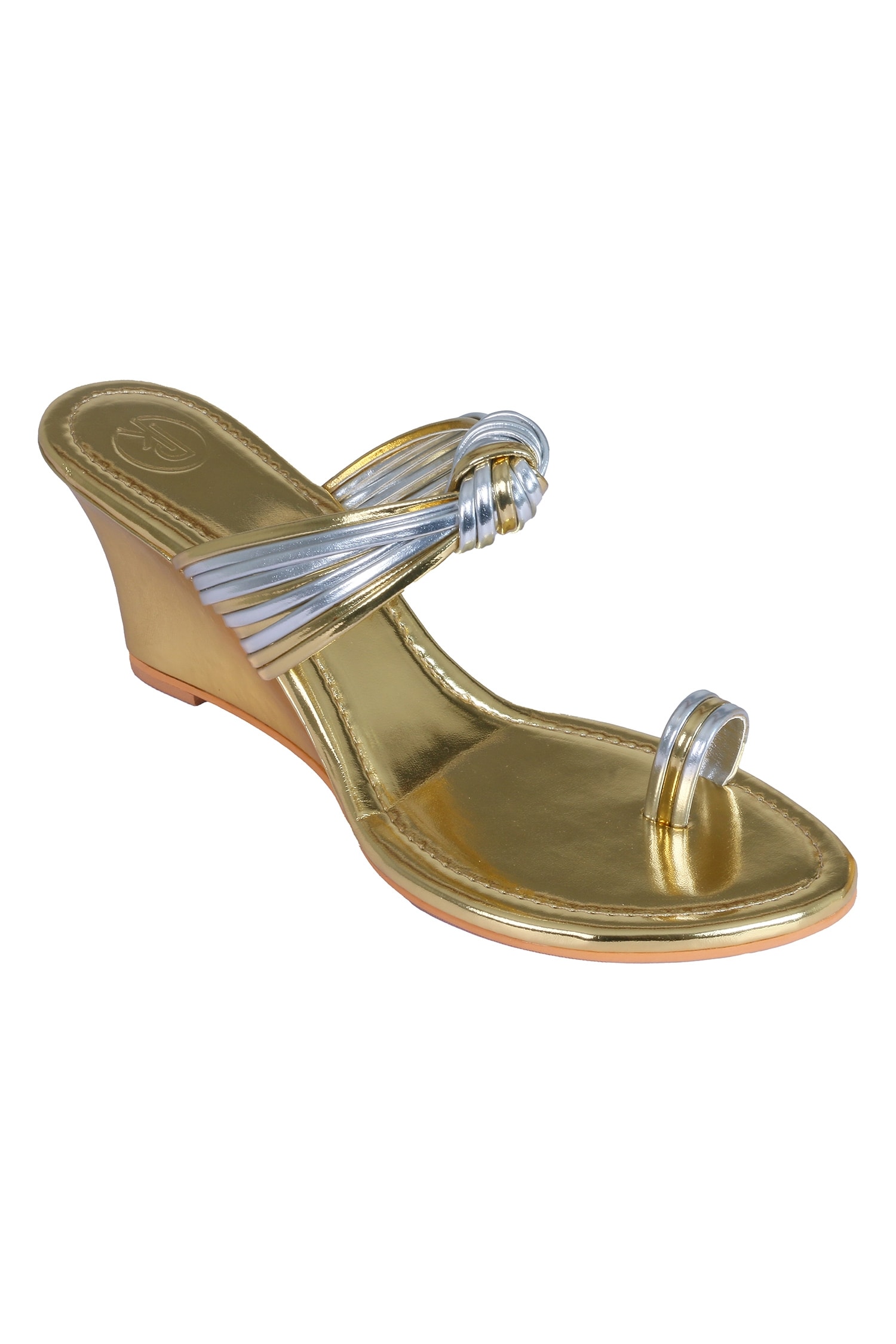 Buy PREET KAUR Gold Faux Leather Colorblock Knotted Toe Ring Wedges ...