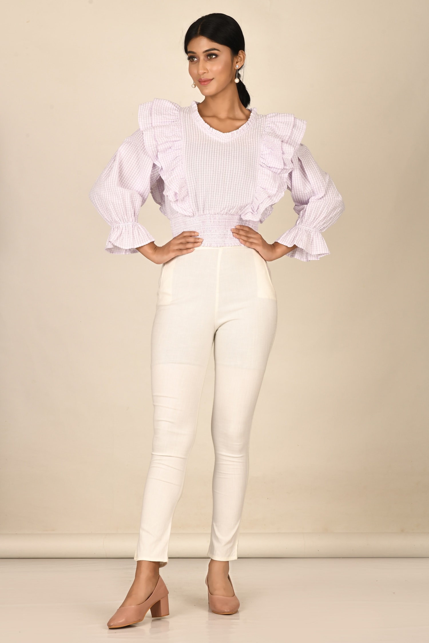 Buy Aryavir Malhotra Purple Cotton Checkered Frill Top Online | Aza ...