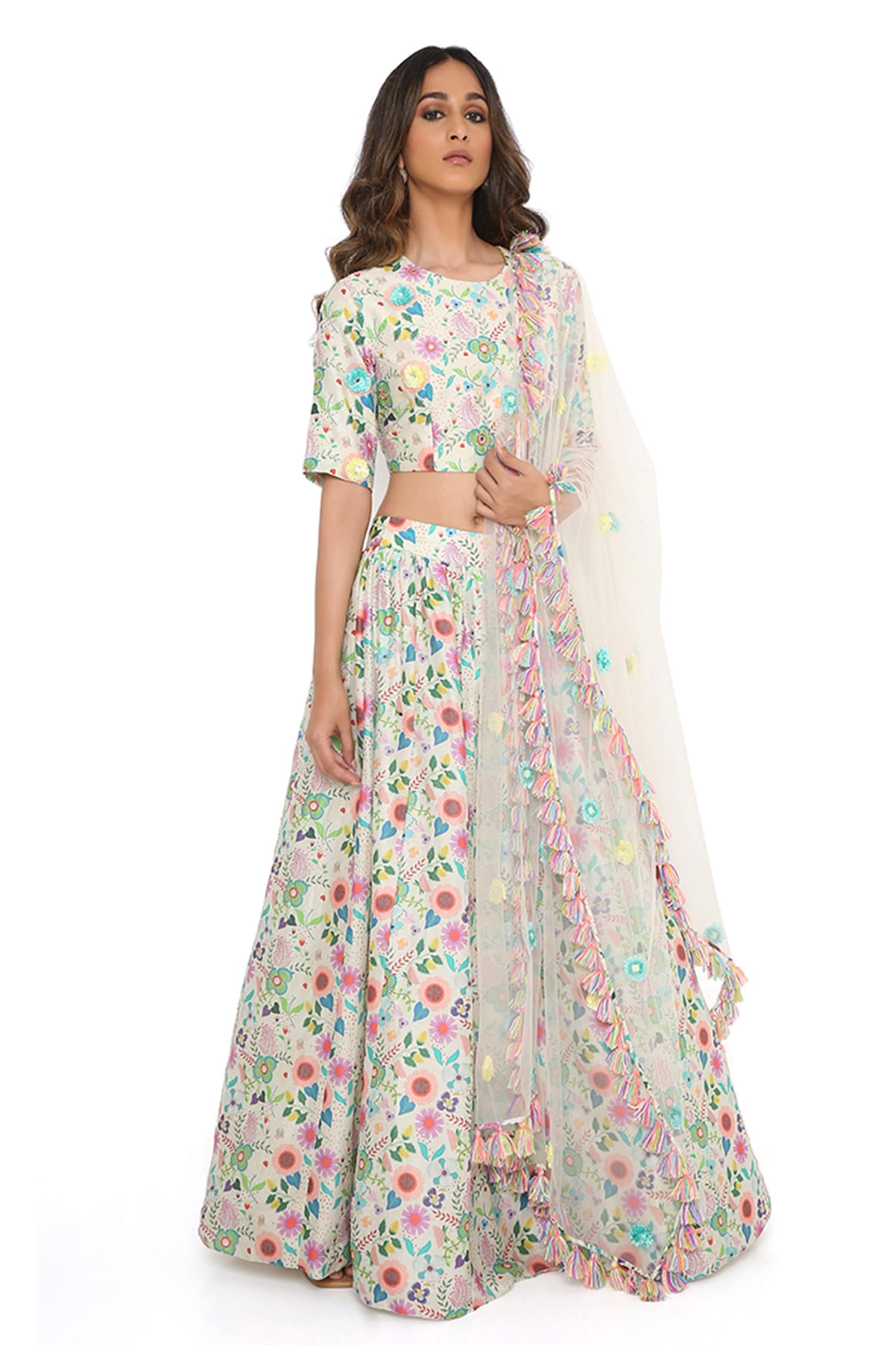 Buy Payal Singhal Cream Silkmul Floral Spring Garden Print Lehenga Set ...