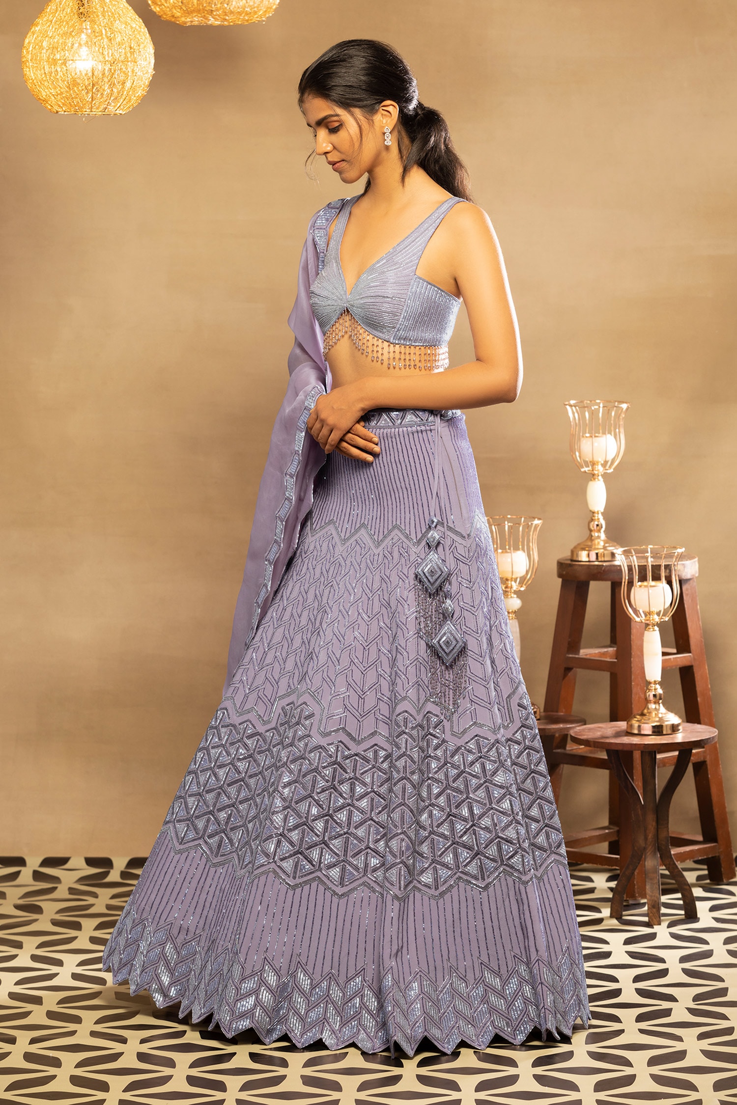 Buy ISHA & SHREYA Purple Silk Crepe Amara Embroidered Lehenga Set ...