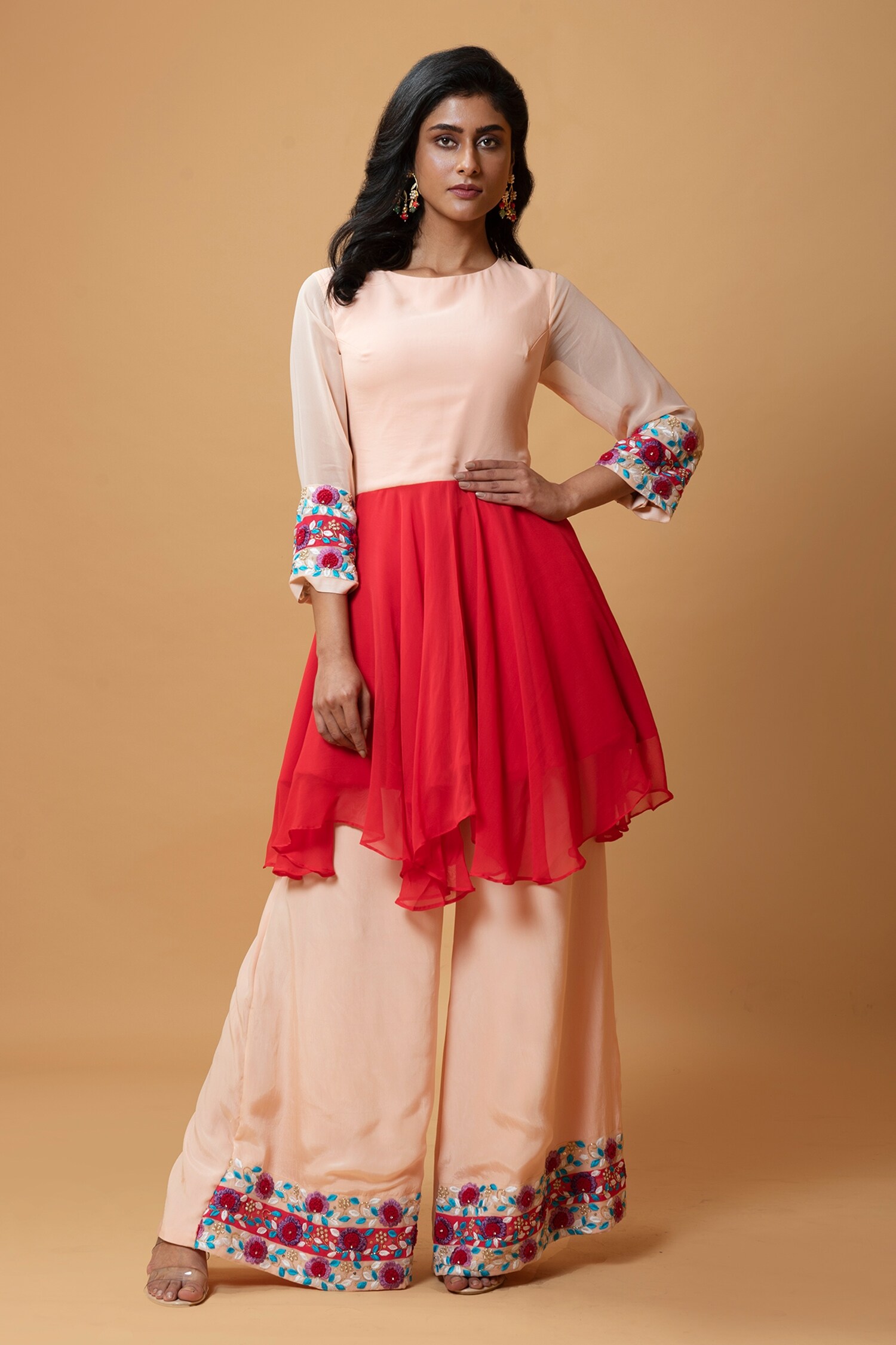 Buy Quench A Thirst Georgette Sleeve Embroidered Kurta And Sharara Set ...