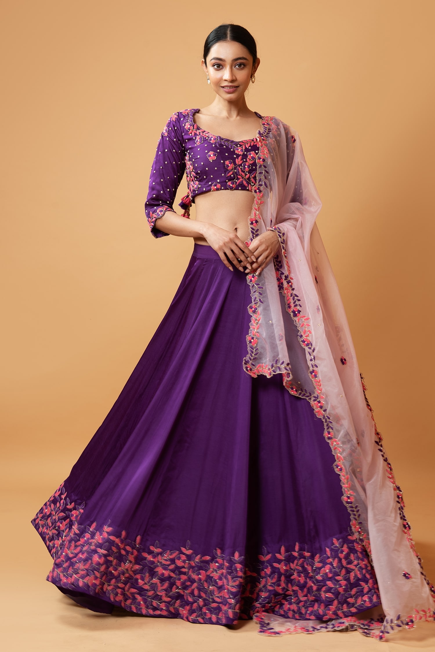 Buy Quench A Thirst Purple Modal Silk Floral Embroidered Lehenga Set ...
