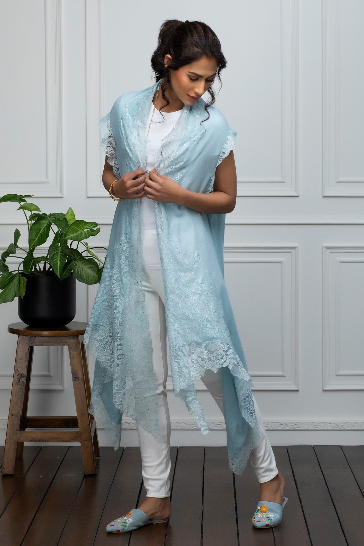 Buy Rhe-Ana Blue Wool Embellished Cape Online | Aza Fashions