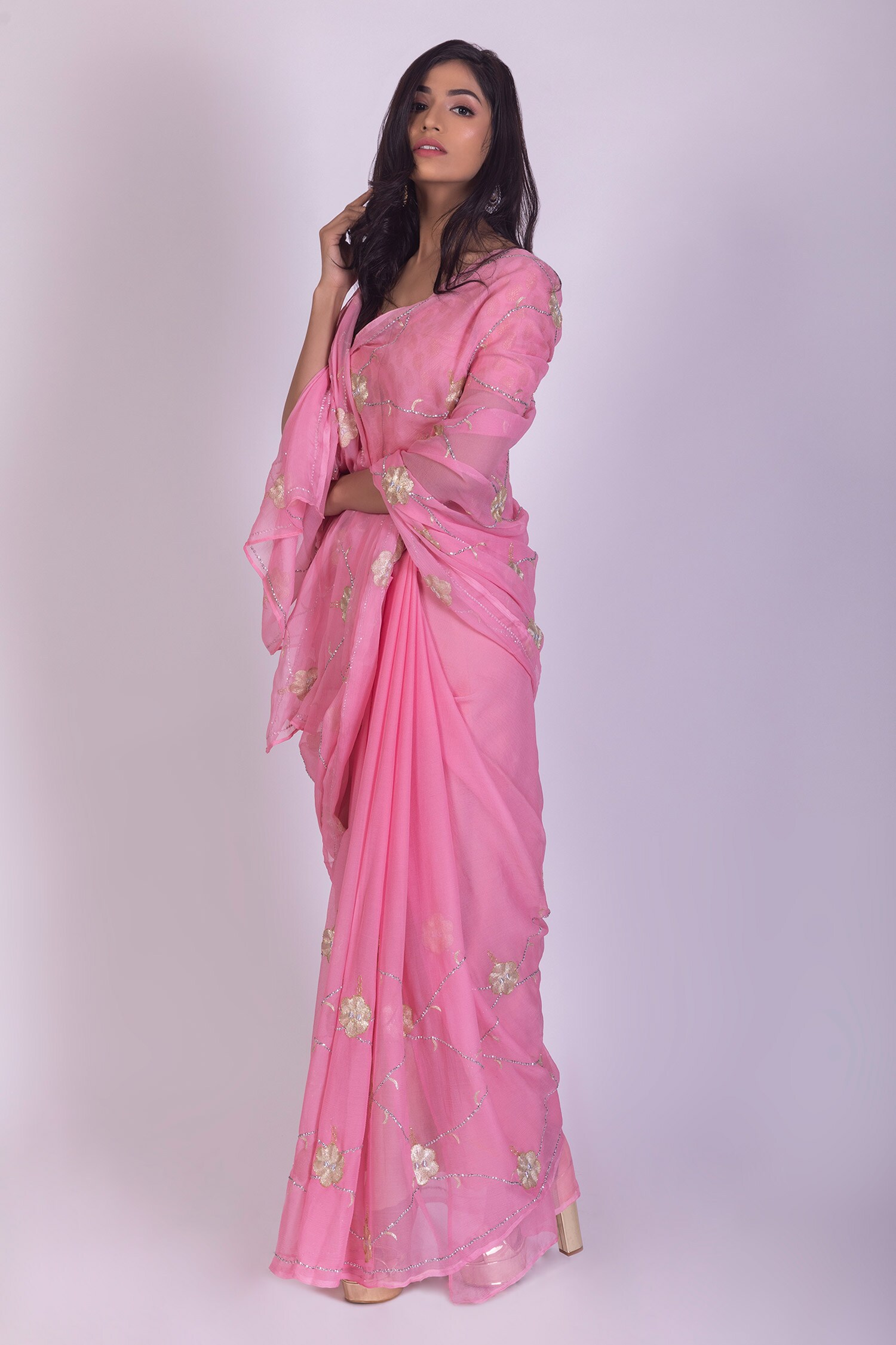 Buy Ruar India Pink Chiffon Embellished Saree With Blouse Online | Aza ...