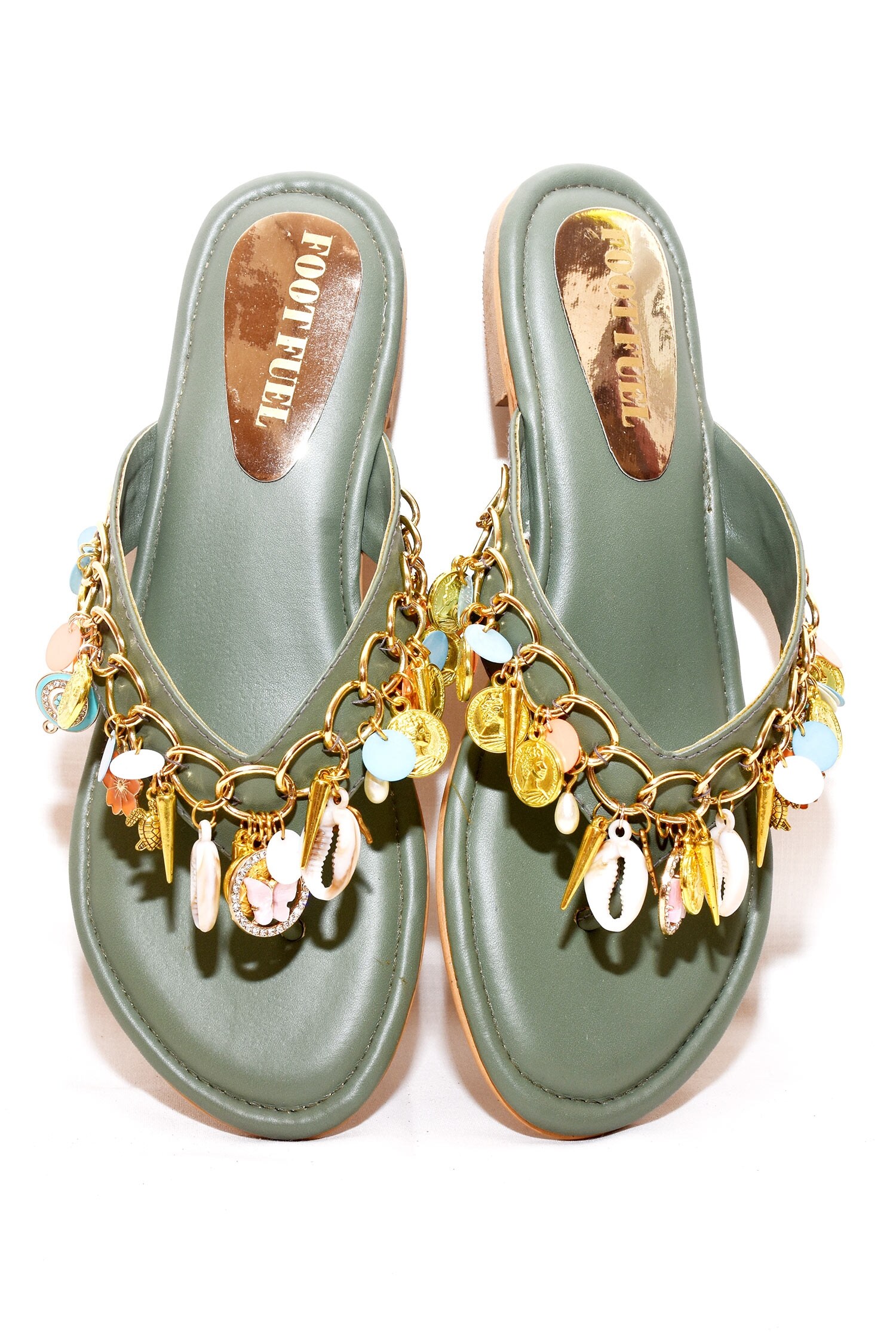 Buy Foot Fuel Green Rexine Road Rani Embellished Flats Online | Aza ...