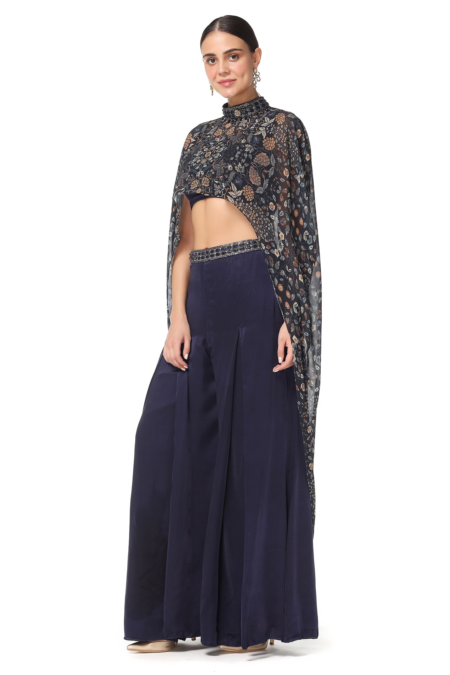 Buy Rabani & Rakha Blue Georgette Printed Cape And Palazzo Set Online ...