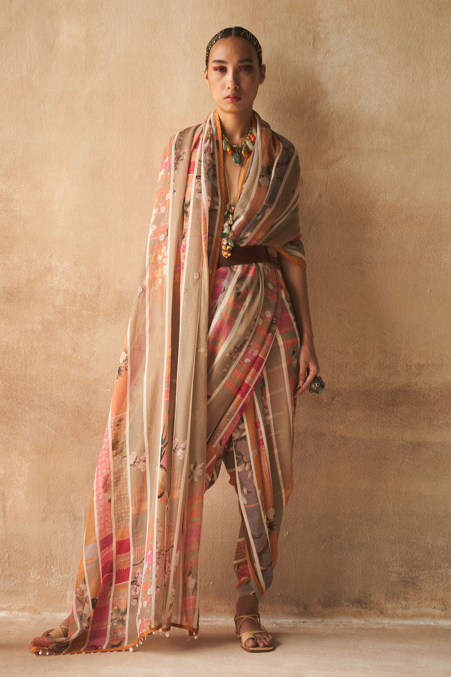 Buy Aseem Kapoor Multi Color Organza Crepe Striped Saree Online | Aza ...