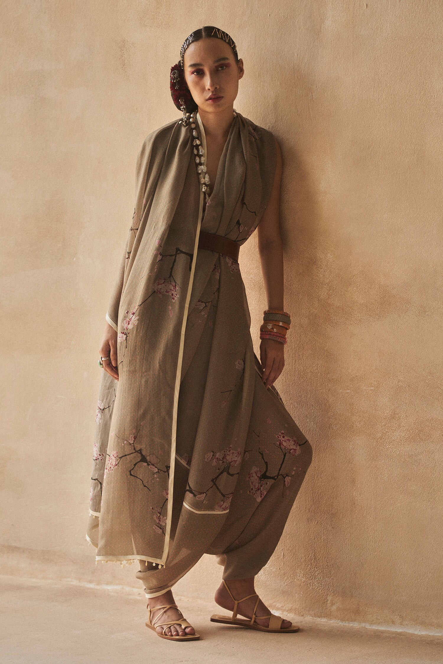 Buy Aseem Kapoor Beige Organza Crepe Printed Saree Online | Aza Fashions