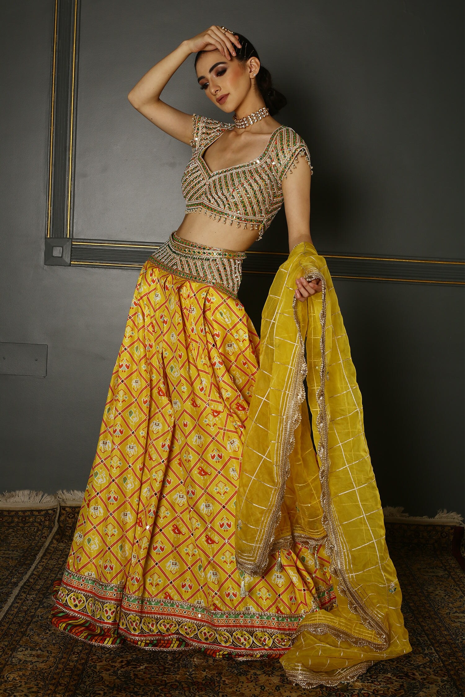 Buy Aditi Gupta Yellow Banarasi Silk Box Pleated Lehenga Set Online