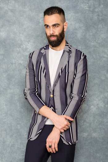Buy Sarab Khanijou Blue Jersey Striped Blazer Online | Aza Fashions