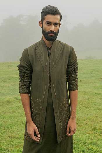Buy Sarab Khanijou Green Bhagalpuri Silk Embroidered Jacket And Kurta ...