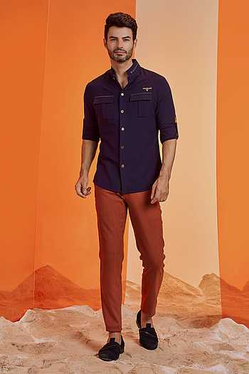 Buy S&N by Shantnu Nikhil Blue Terylene Placement Embroidered Shirt ...