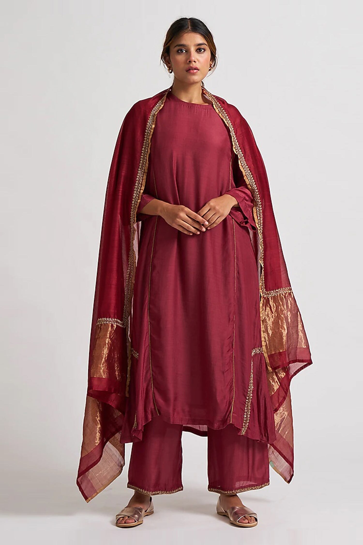 Buy Dot Maroon Cotton Silk Embroidered Kurta Palazzo Set Online | Aza ...
