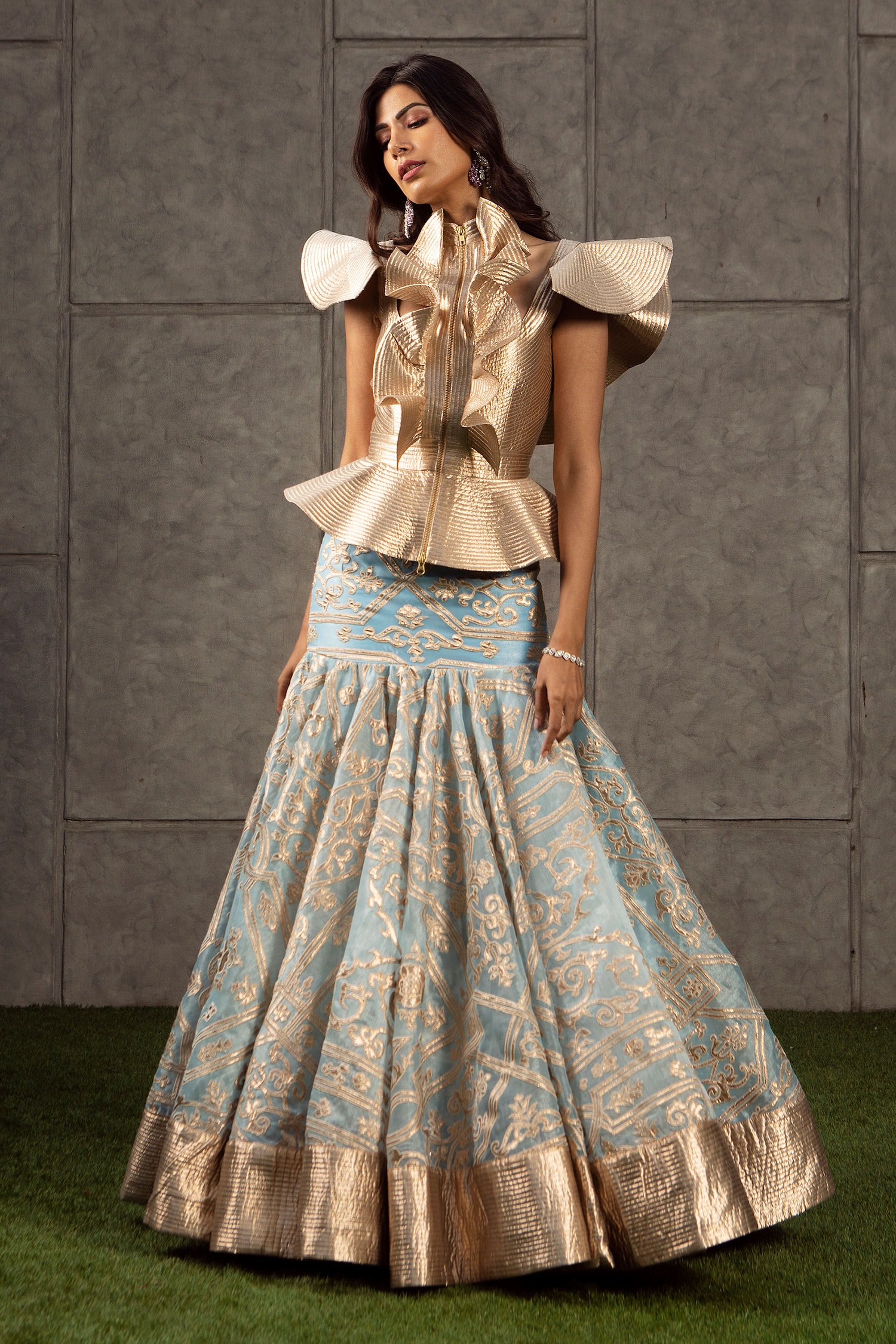 Buy Siddartha Tytler Blue Lame Embroidered Lehenga Set Online | Aza ...