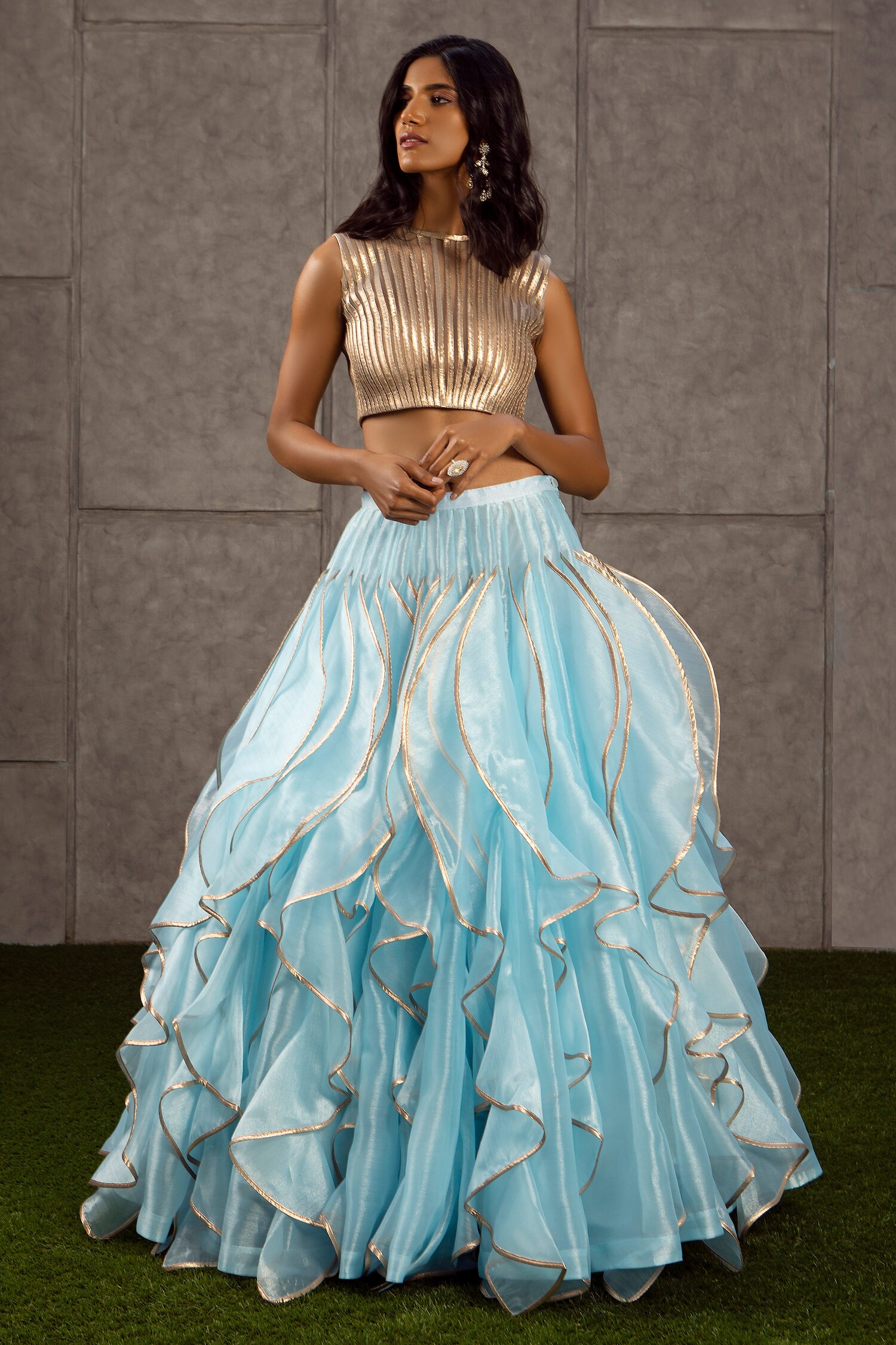 Buy Siddartha Tytler Blue Lame Organza Lehenga Set Online | Aza Fashions