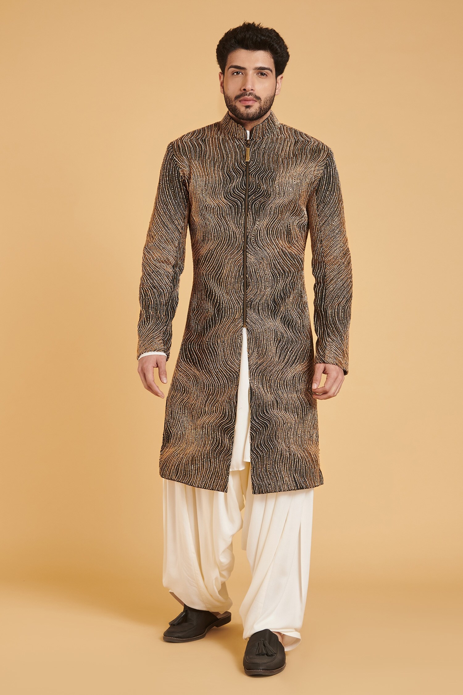 Buy Siddartha Tytler Black Matka Silk Embroidered Front Zipper Sherwani ...