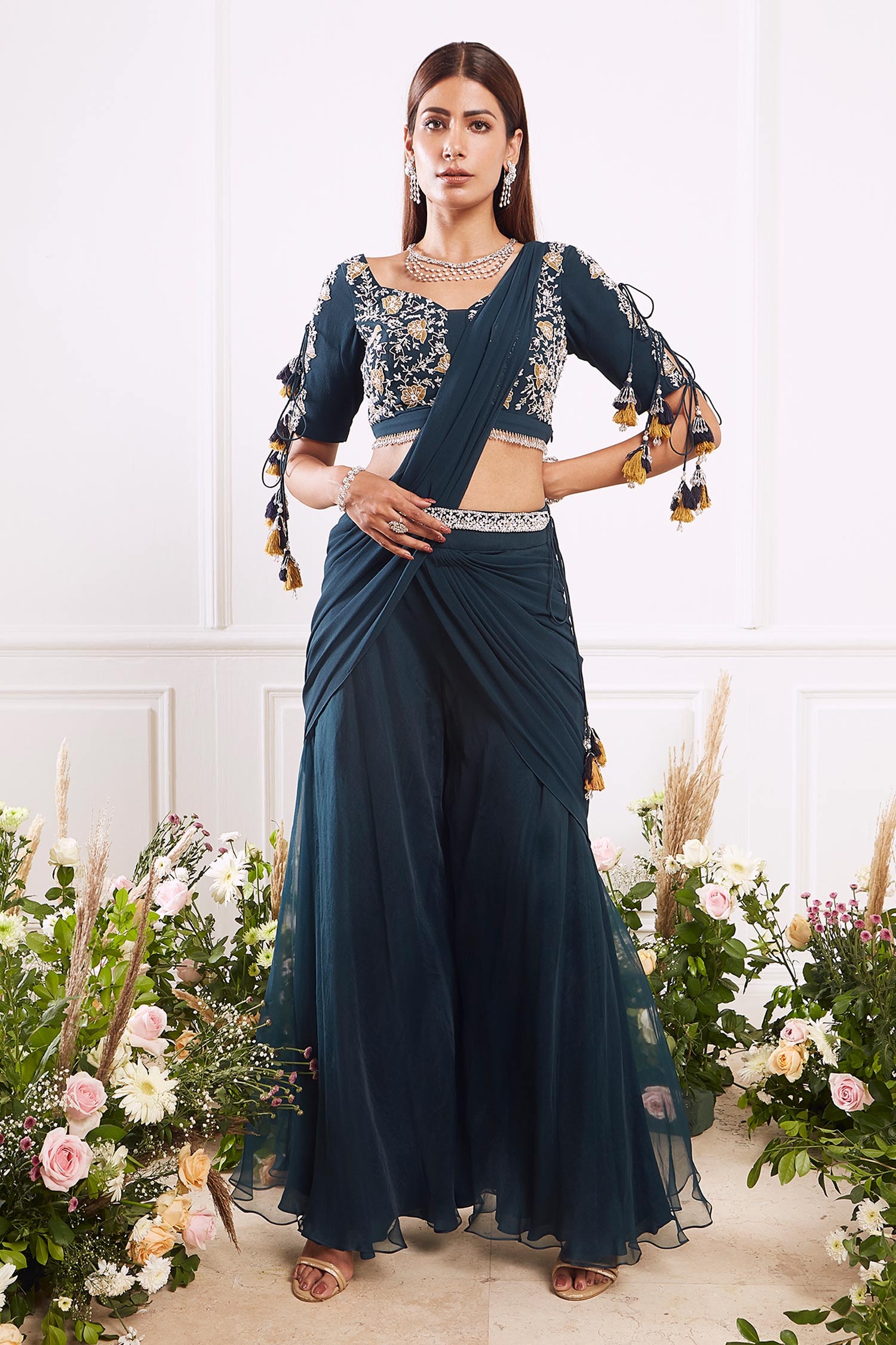 Buy Seema Thukral Green Draped Sharara Pant Saree With Blouse Online ...