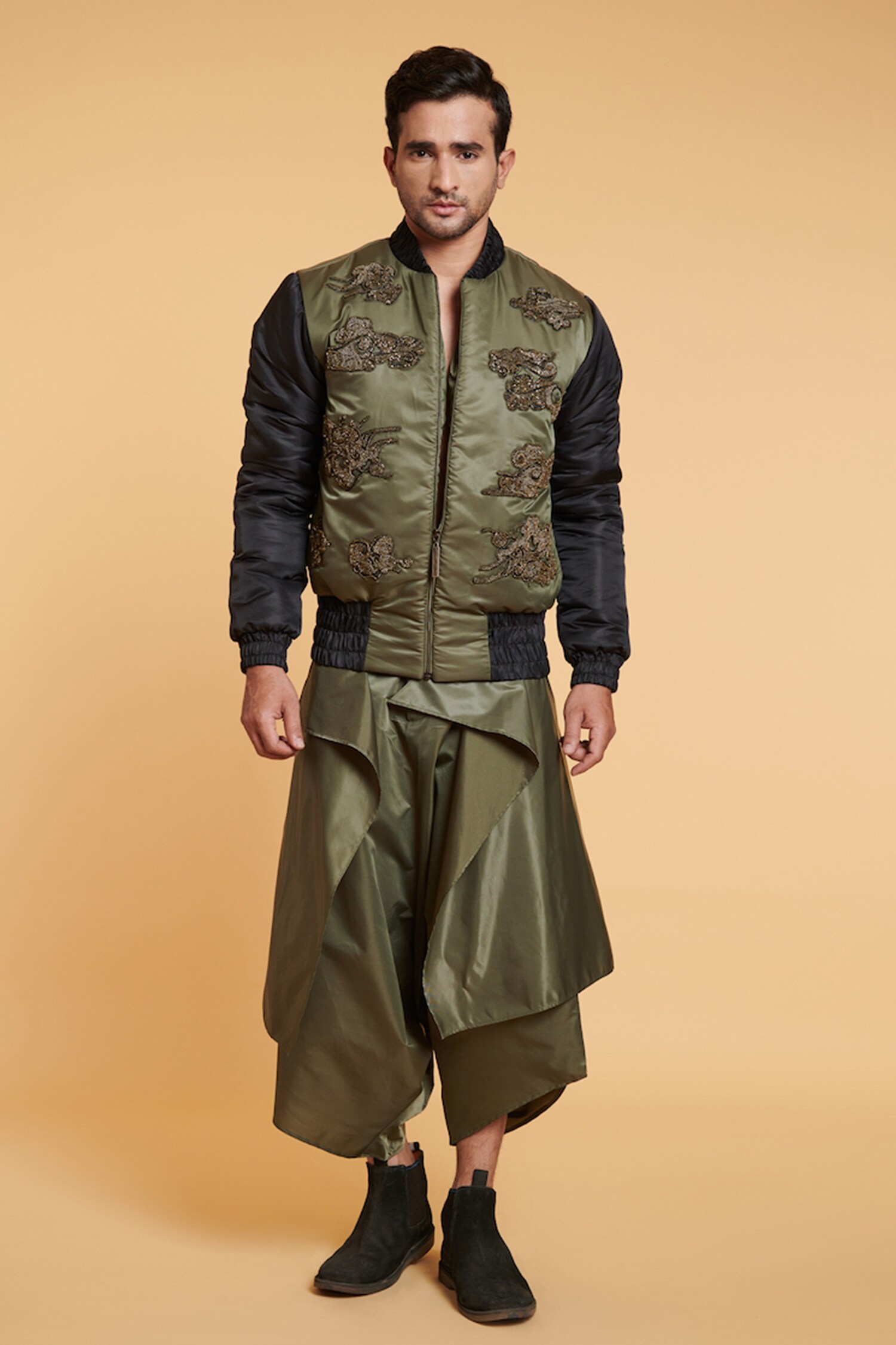 Buy Siddartha Tytler Green Parachute Quilted Embroidered Jacket Online ...
