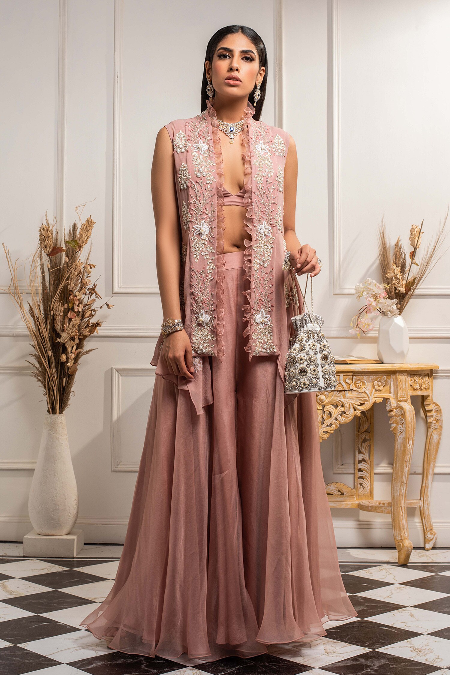 Buy Seema Thukral Pink Pure Georgette Organza Pant Set With Embroidered ...