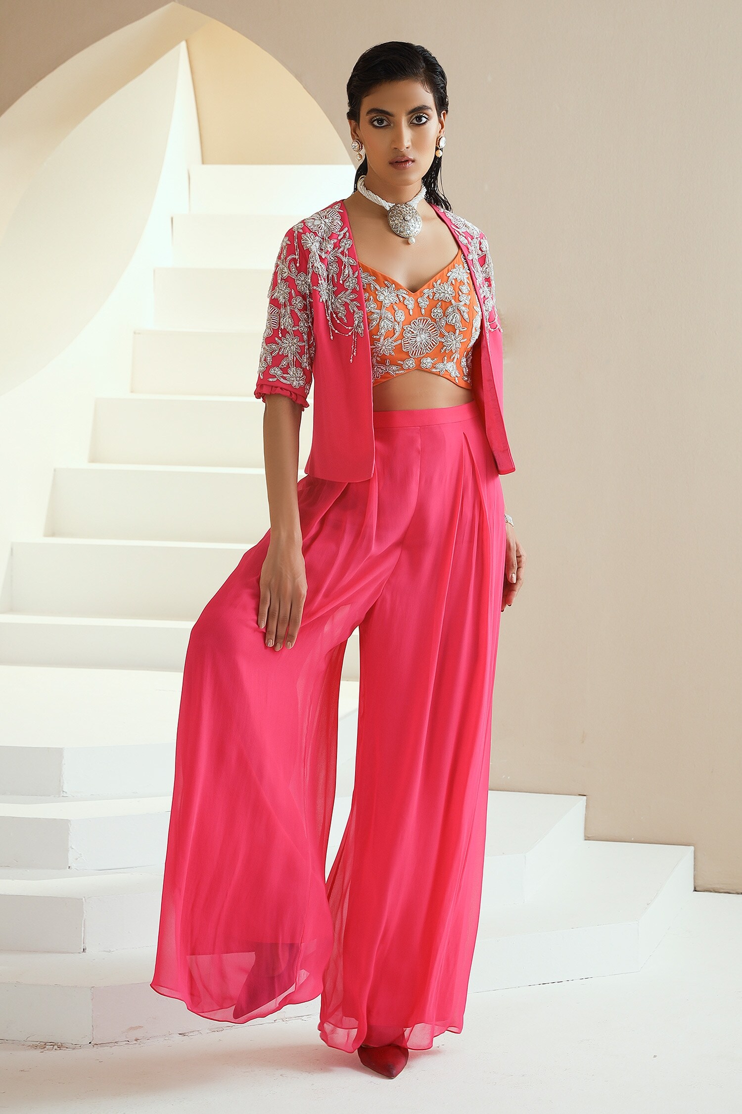 Buy Seema Thukral Pink Georgette Embellished Jacket And Pleated Pant ...