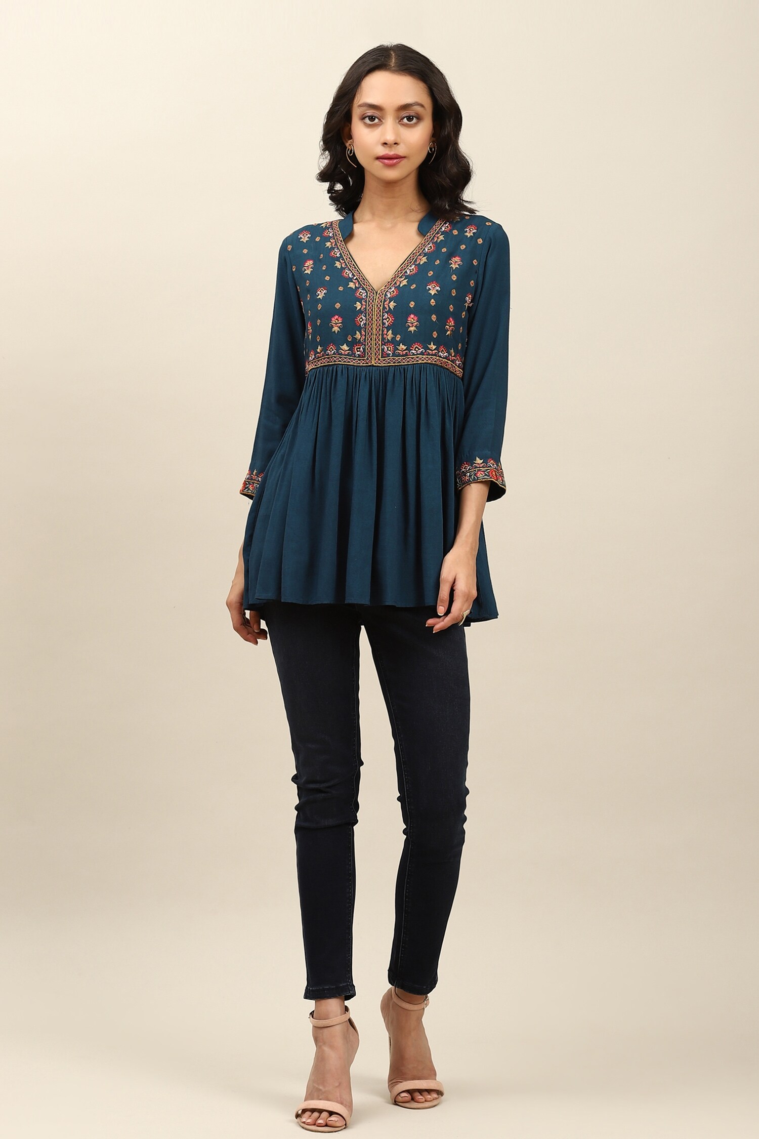 Buy Aarke Ritu Kumar Blue Rayon Slub Floral Embroidered Top Online ...