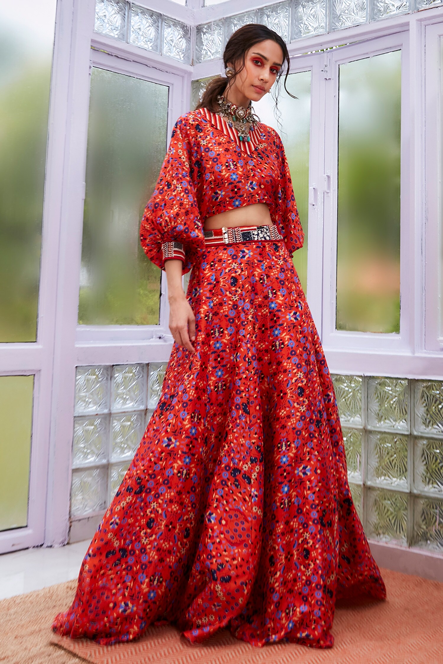 Buy SVA by Sonam & Paras Modi Orange Crepe Silk Printed Lehenga With ...