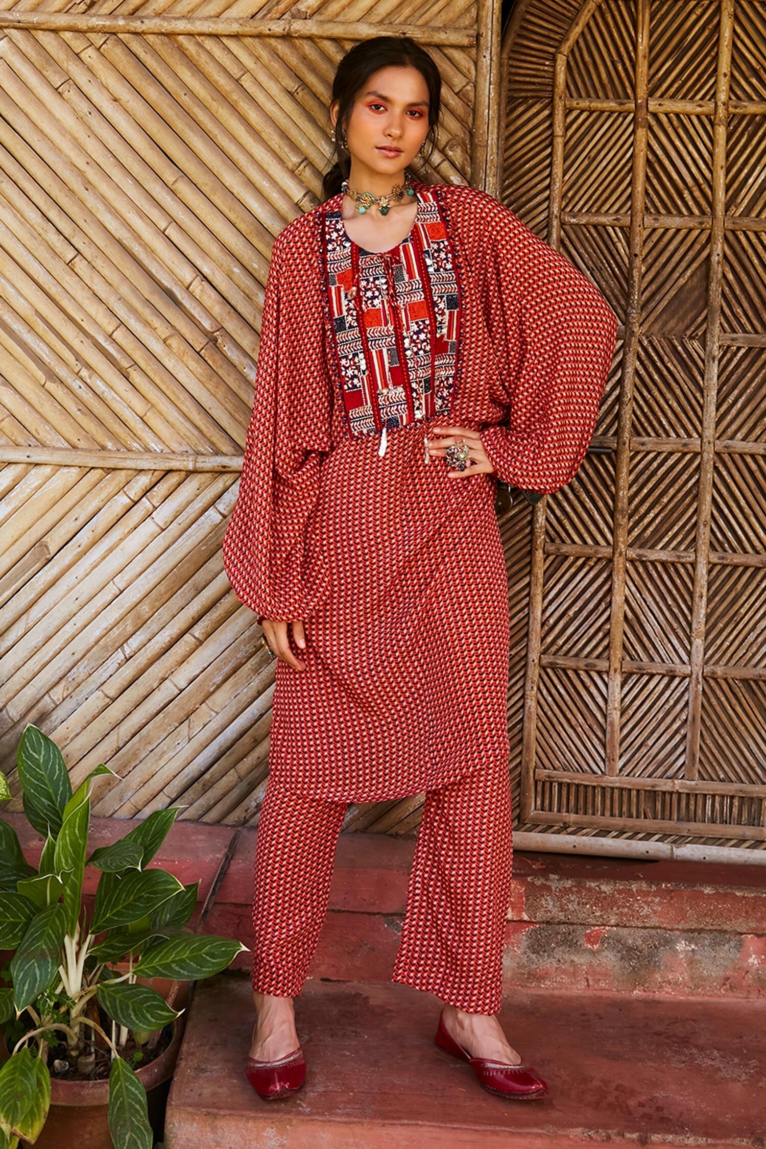 Buy SVA by Sonam & Paras Modi Orange Crepe Silk Leaf Print Kurta And ...