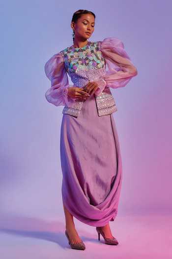 Buy SVA by Sonam & Paras Modi Purple Silk Jacket With Draped Skirt ...