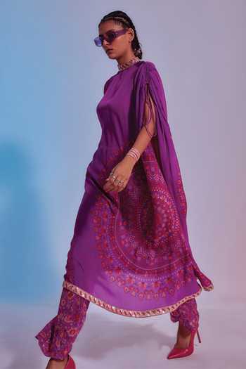 Buy SVA by Sonam & Paras Modi Purple Crepe Silk Printed Kaftan Tunic ...