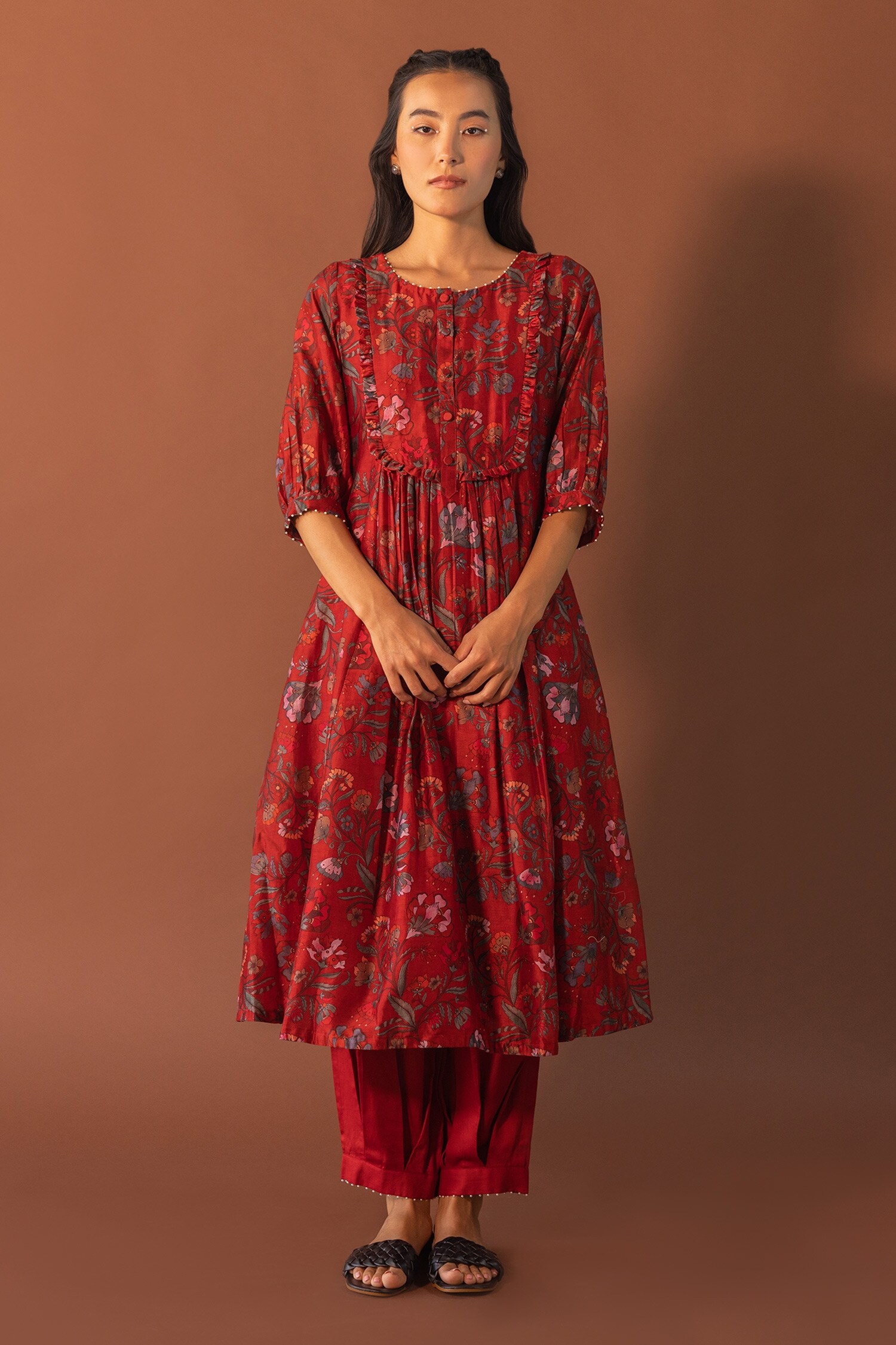 Buy Khamaj India Red Sweven Floral Print Kurta And Pant Set Online ...
