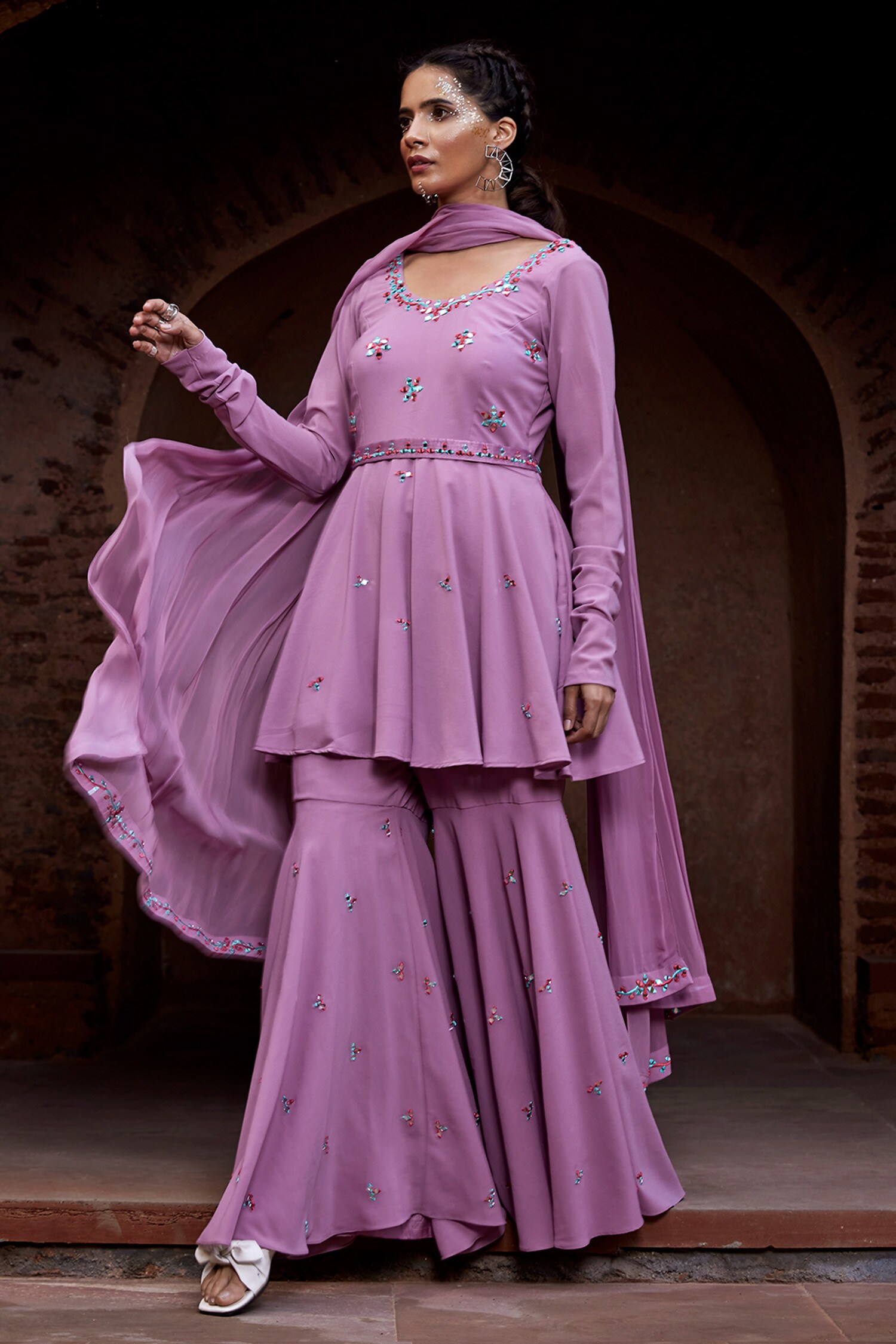 Buy Tarini Vij Purple Georgette Vamika Kurta Sharara Set Online | Aza Fashions