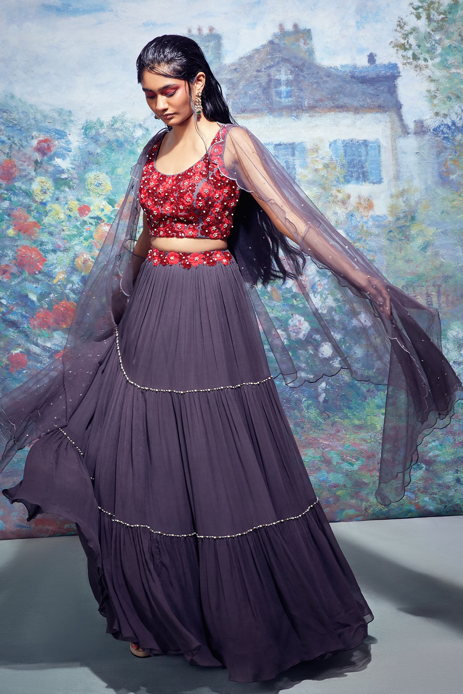 Buy Taavare Grey Chiffon Tier Lehenga Set Online | Aza Fashions