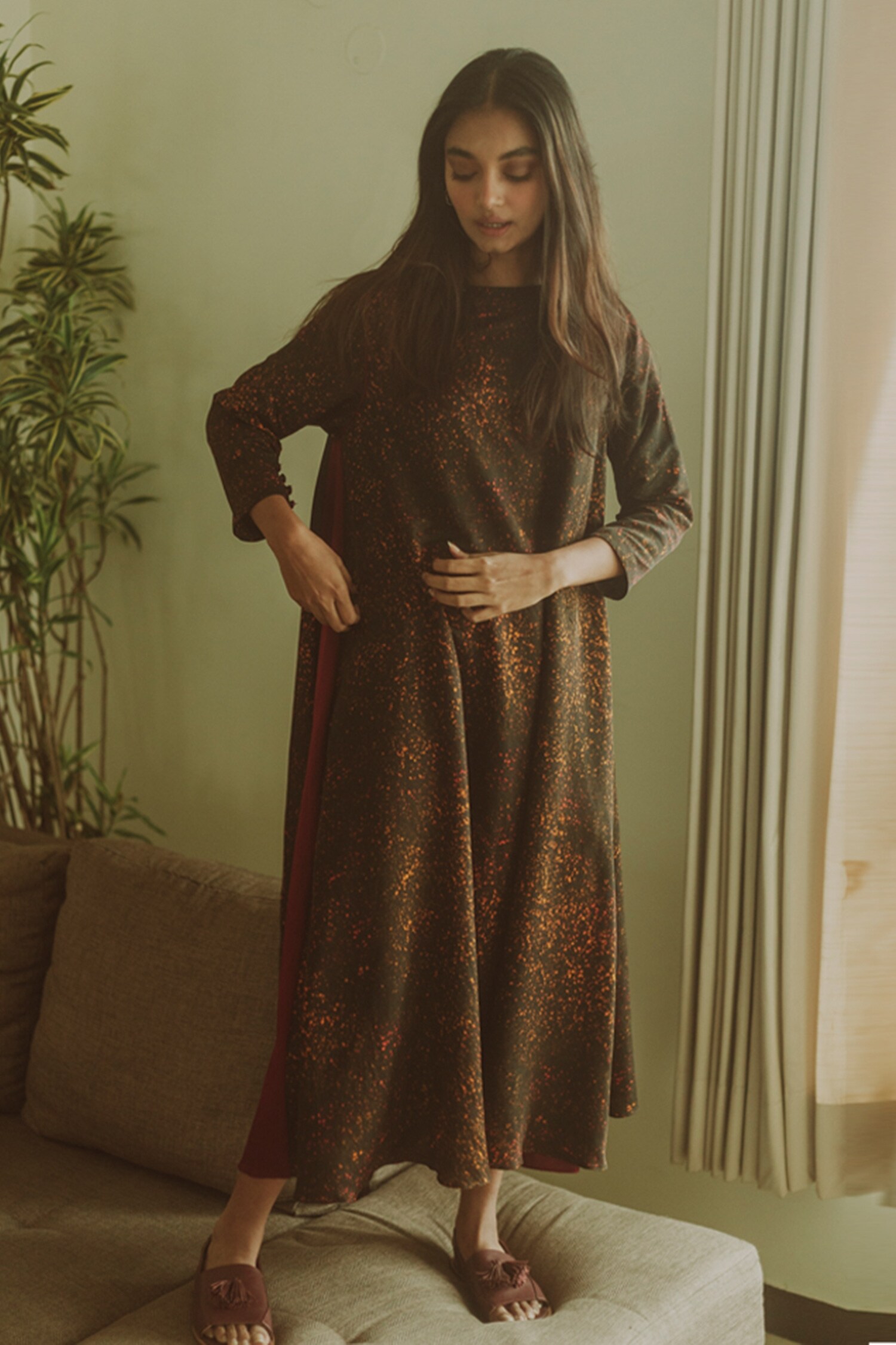 Buy TIL Brown Cotton Silk Satin Freckle Print Dress Online | Aza Fashions