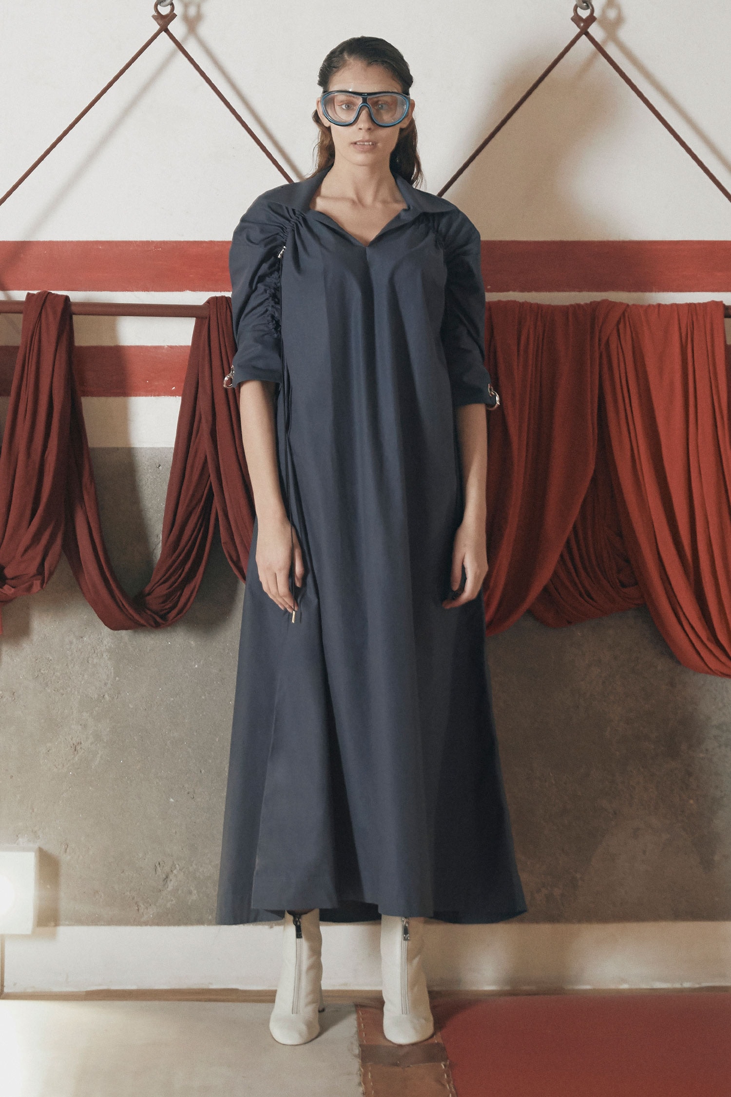 Buy Notebook Blue Cotton Twill Gathered Maxi Dress Online | Aza Fashions