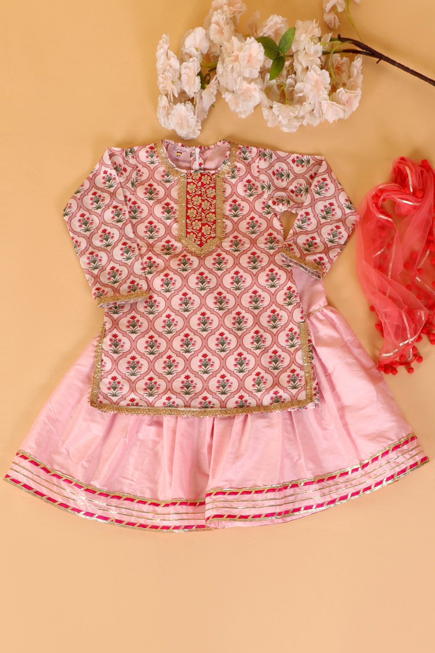 Buy The Plum Bum Pink Mughal Jaal Print Kurta Sharara Set For Girls ...