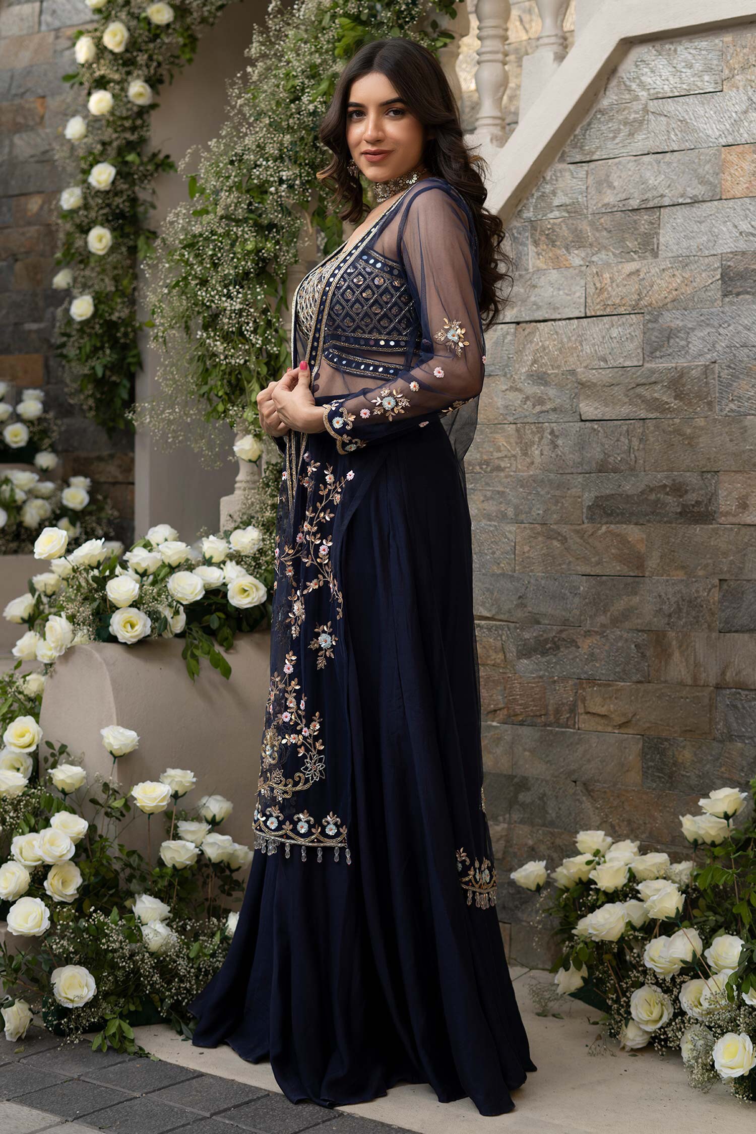 Buy Tamaraa By Tahani Blue Mul Silk Embroidered Jacket Lehenga Set ...