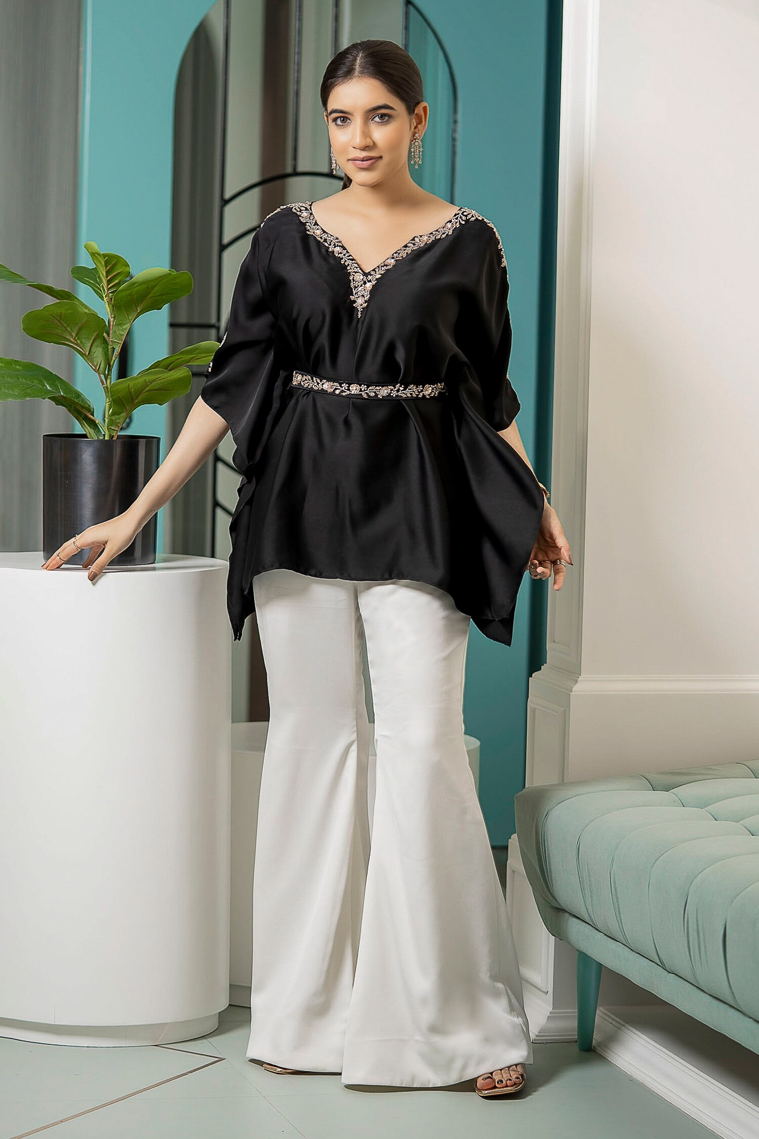 Buy Tamaraa By Tahani Black Milano Satin Valia Kaftan And Flared Pant ...