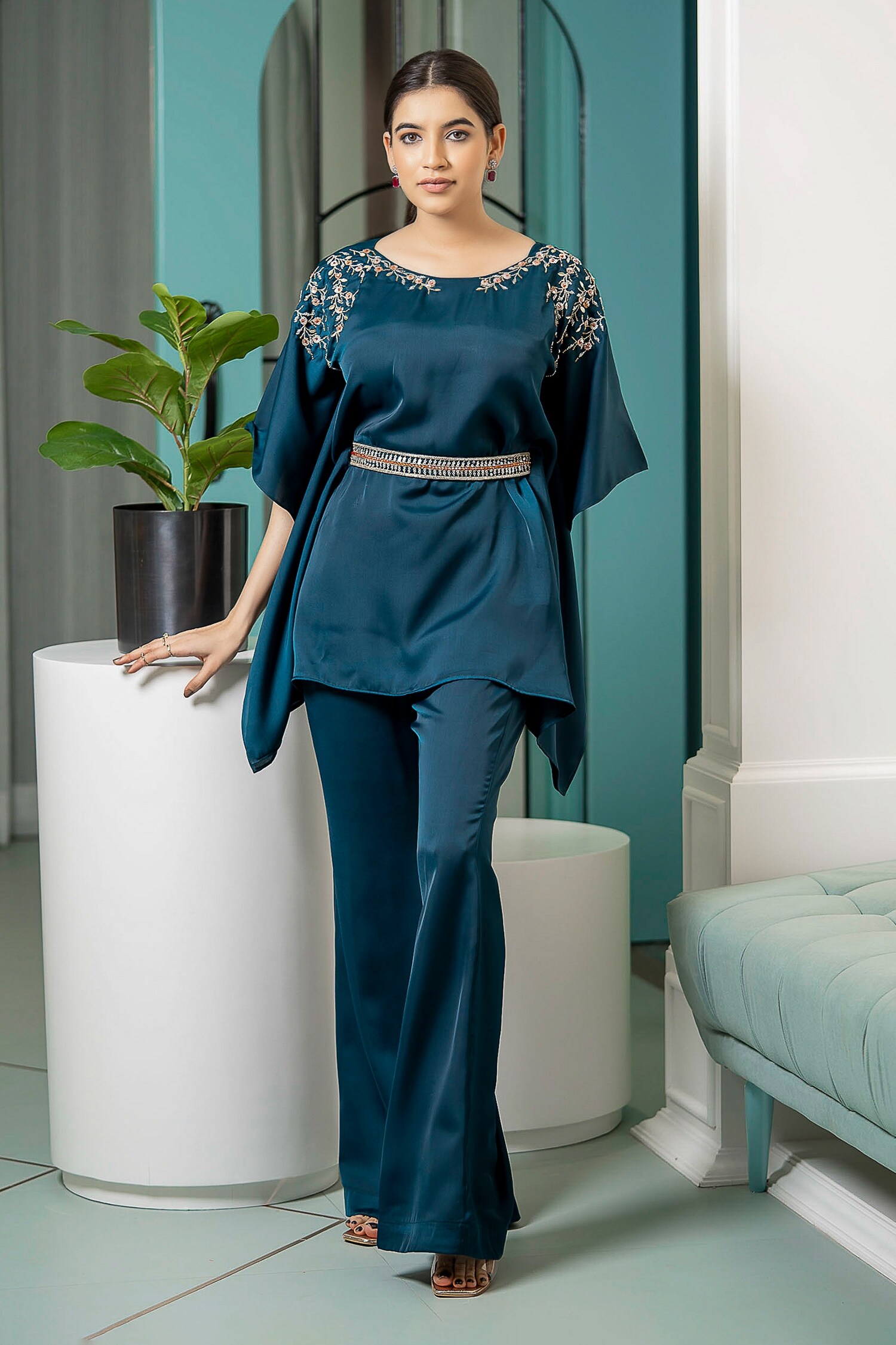 Buy Tamaraa By Tahani Green Milano Satin Thea Kaftan And Flared Pant ...
