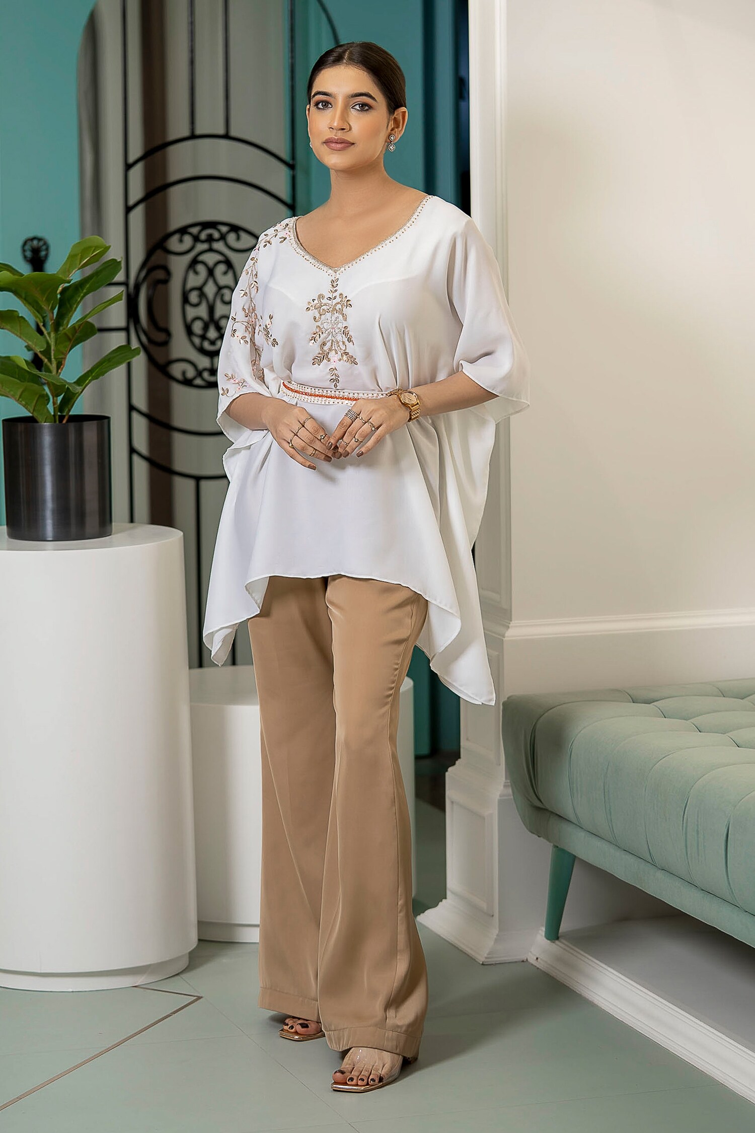 Buy Tamaraa By Tahani White Milano Satin Sara Kaftan And Flared Pant ...