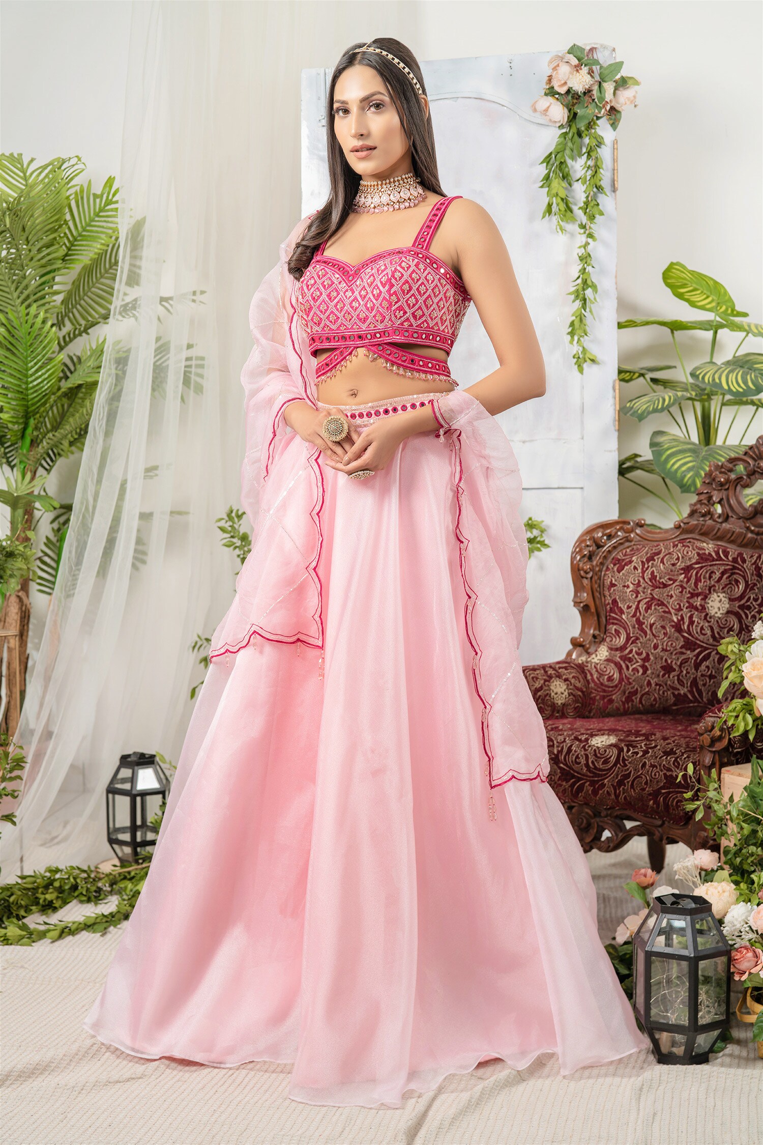Buy Tamaraa By Tahani Pink Tafetta Silk Embroidered Lehenga Set Online ...