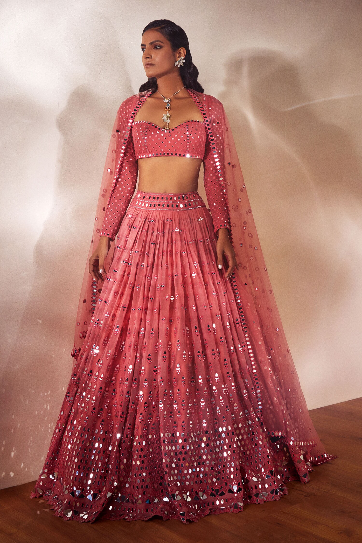 Buy Vvani By Vani Vats Peach Embellished Organza Lehenga Set Online
