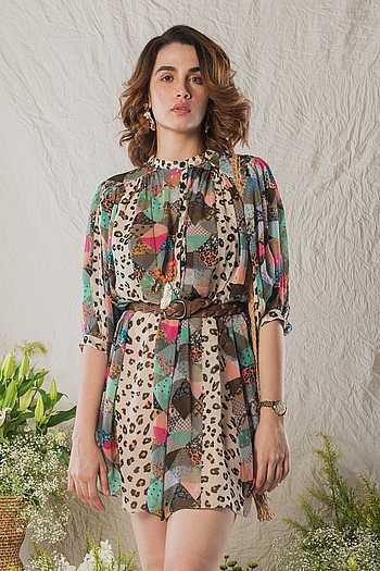 Buy Verb by Pallavi Singhee Multi Color Viscose Georgette Printed Dress ...
