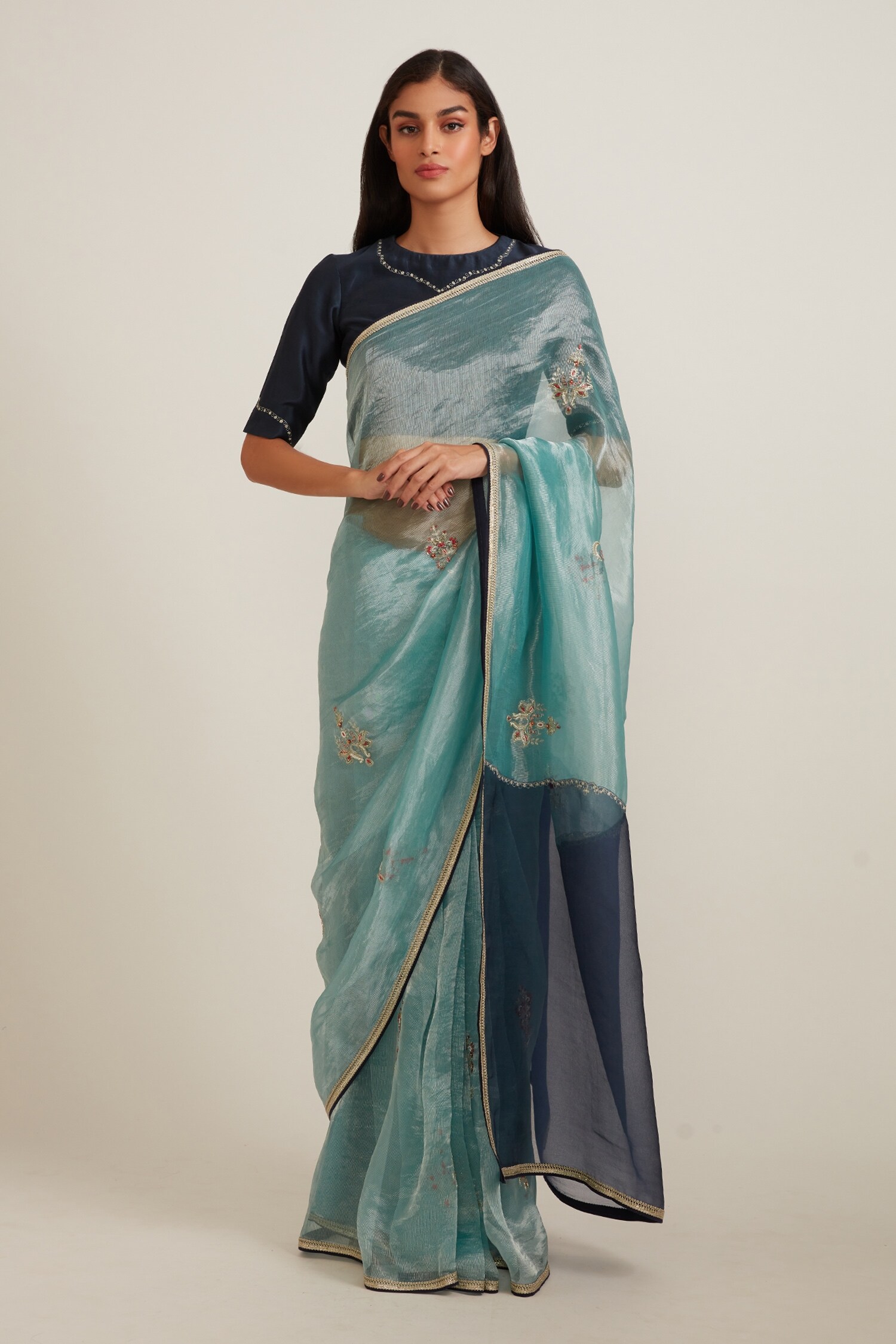 Buy Vamil by Tina & Sonali Blue Aari Embroidered Saree Online | Aza ...
