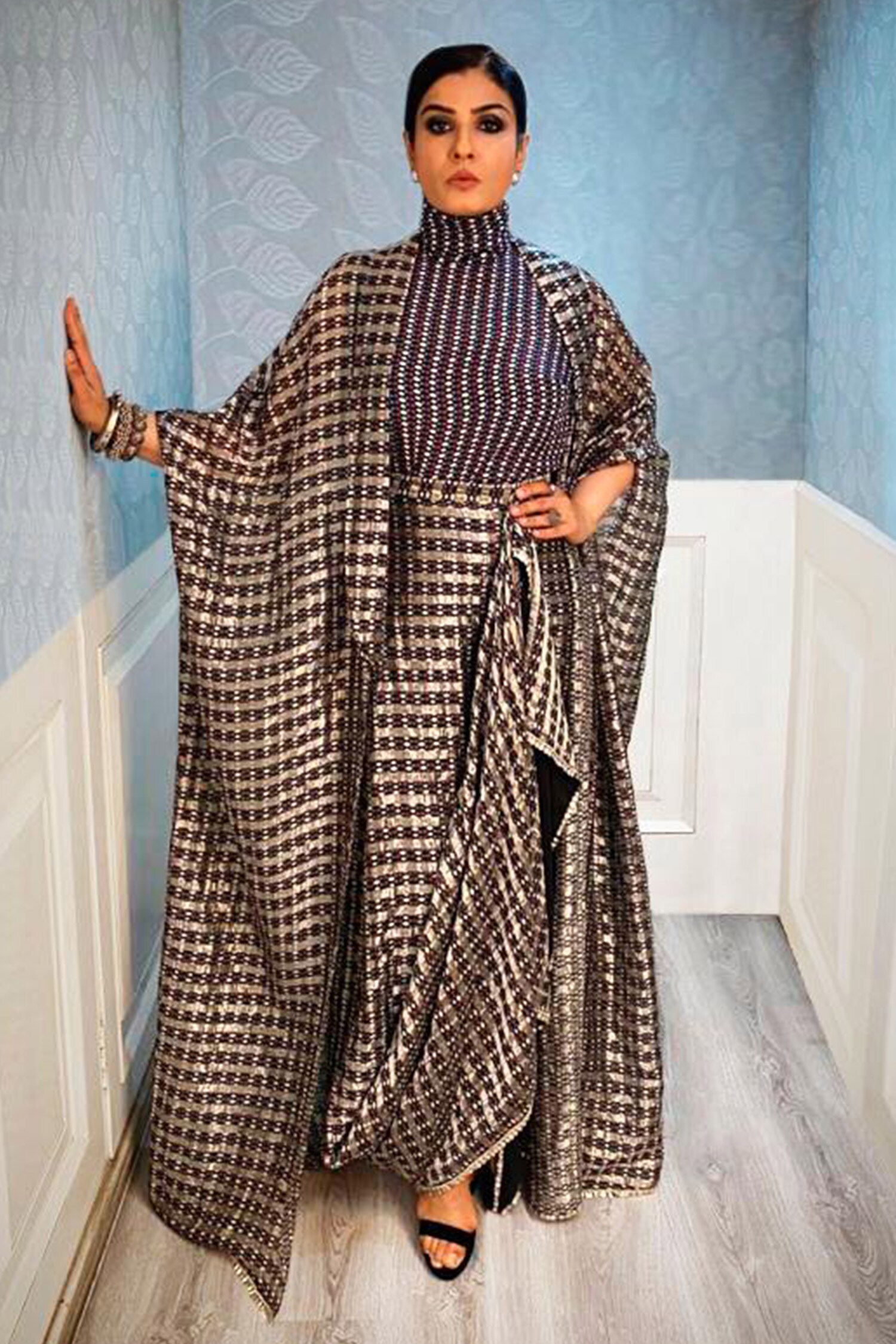 Buy SVA by Sonam & Paras Modi Black Chanderi Printed Cape And Draped ...