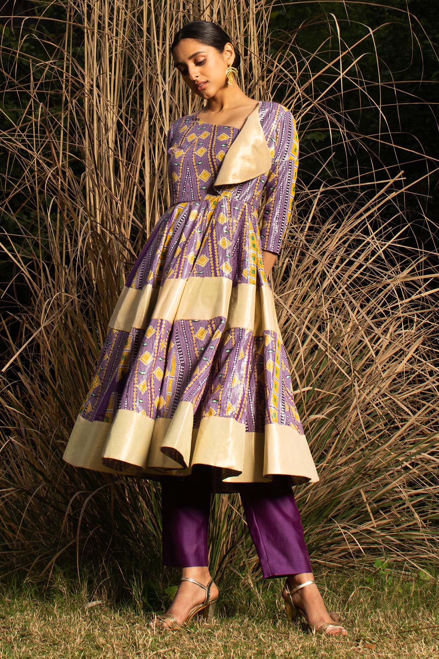 Buy Saksham Neharicka Purple Cotton Lurex Printed Angarkha Kurta And ...