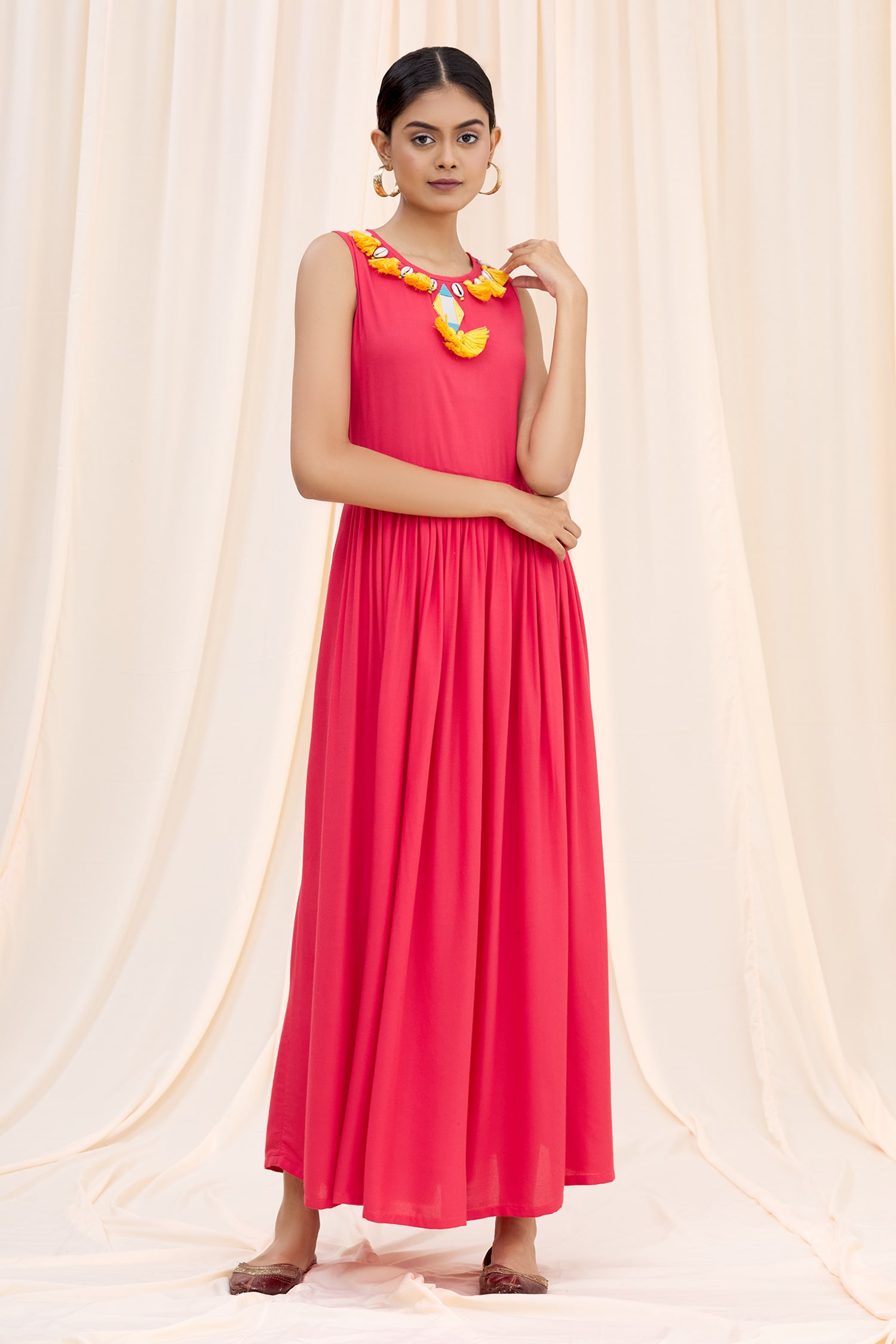 Buy Naintara Bajaj Pink Rayon Tassel-neck Pleated Dress Online | Aza ...