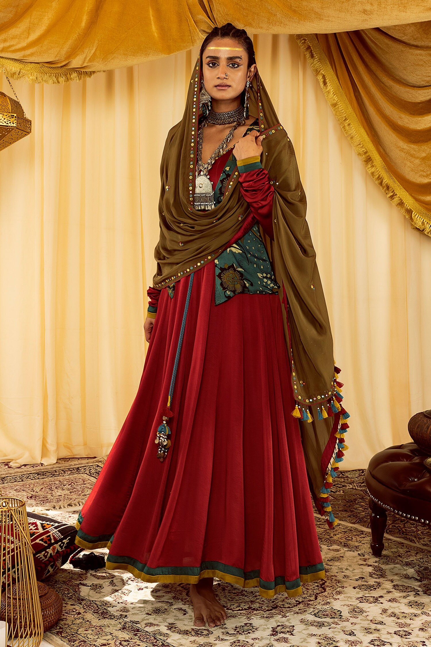 Buy Zariya the Label Brown Modal Satin Printed Waistcoat And Anarkali ...