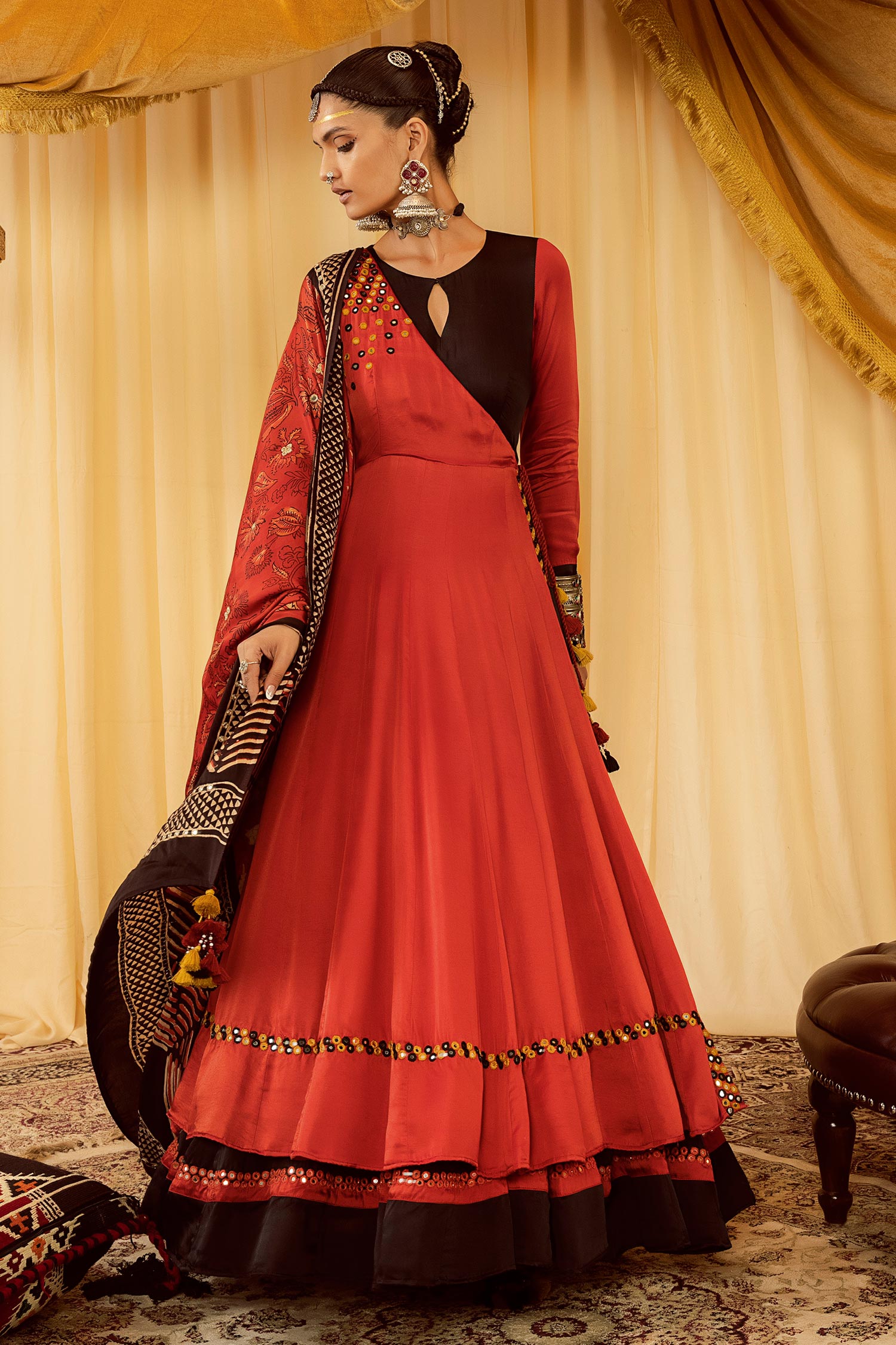 Buy Zariya the Label Brown Modal Satin Tiered Anarkali Set Online | Aza ...